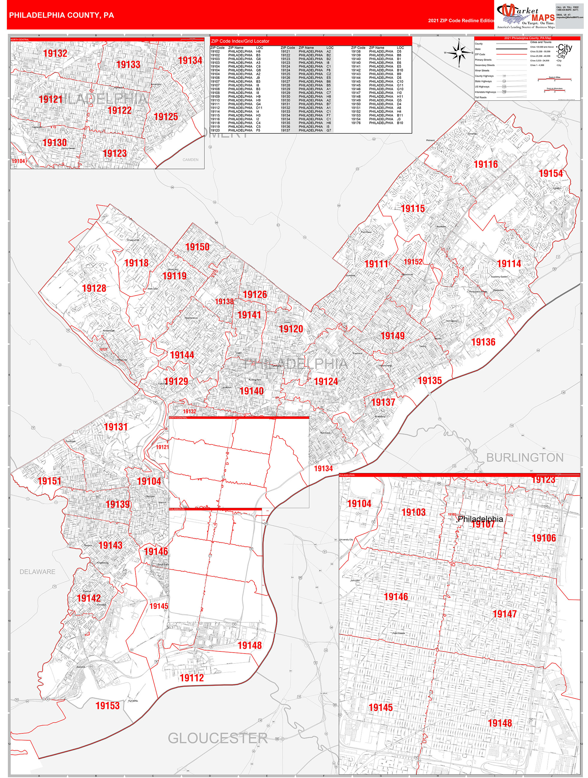 Philadelphia County, PA Zip Code Wall Map Red Line Style by MarketMAPS ...