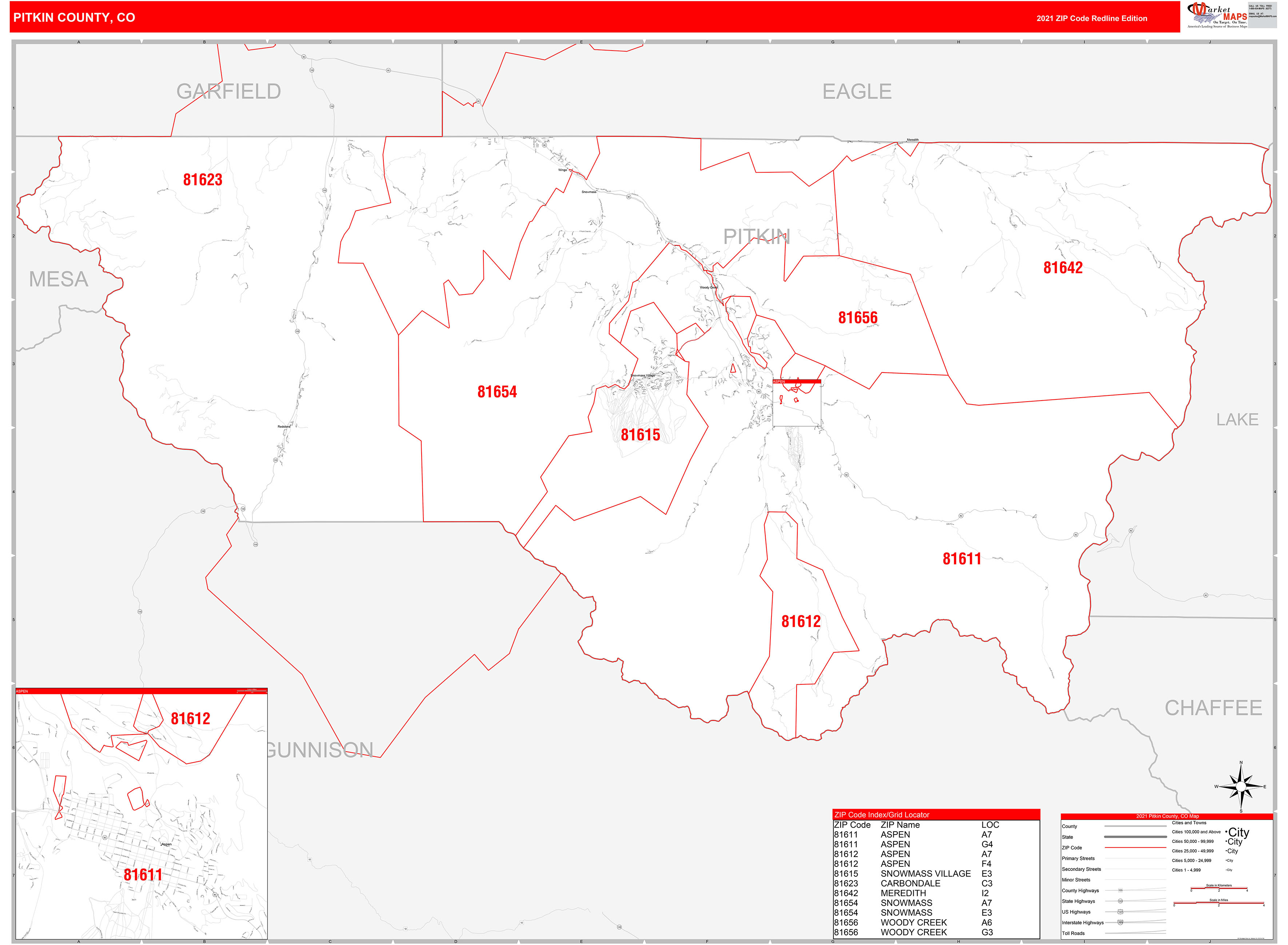 Pitkin County, CO Zip Code Wall Map Red Line Style by MarketMAPS - MapSales