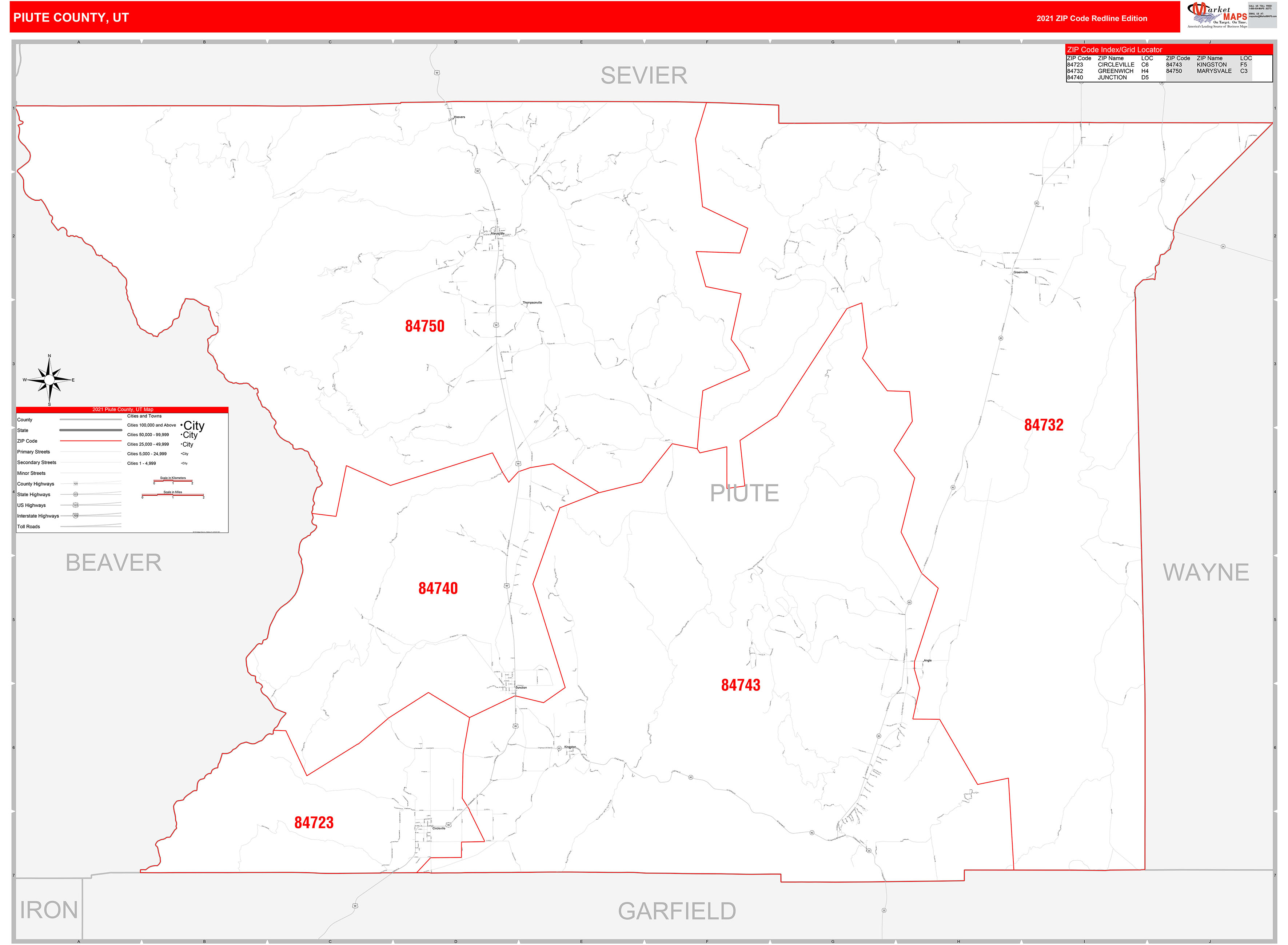 Piute County, UT Zip Code Wall Map Red Line Style by MarketMAPS ...