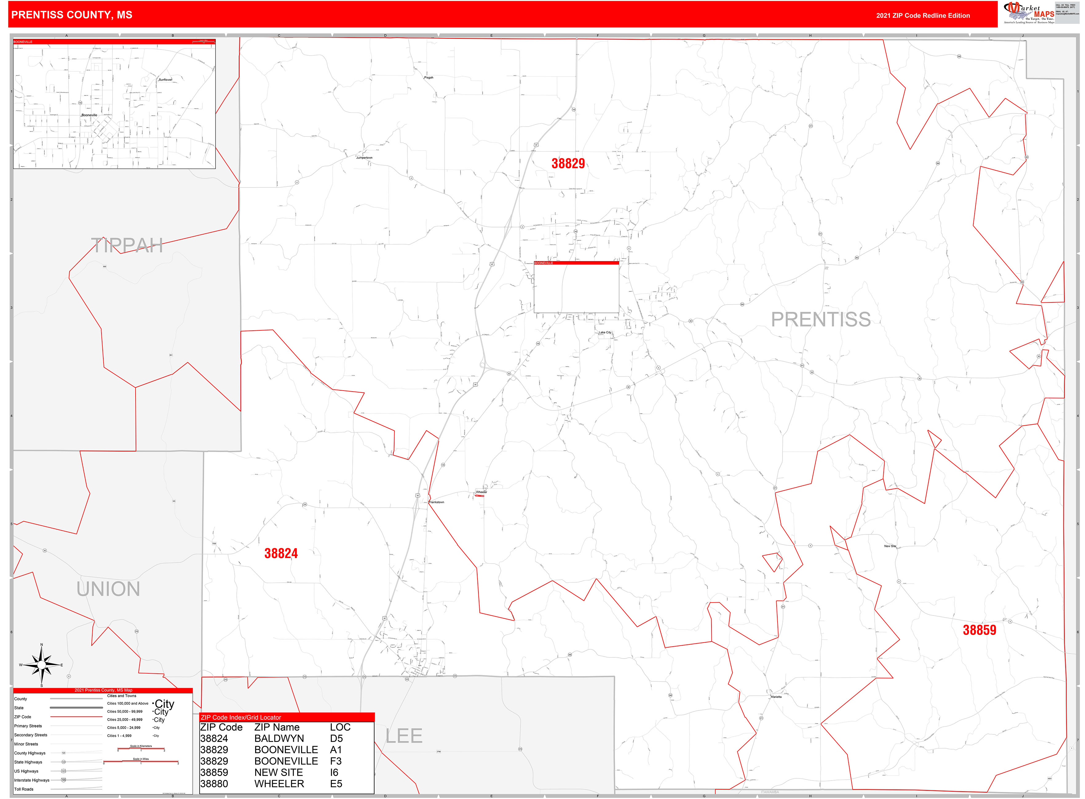 Prentiss County, MS Zip Code Wall Map Red Line Style by MarketMAPS ...