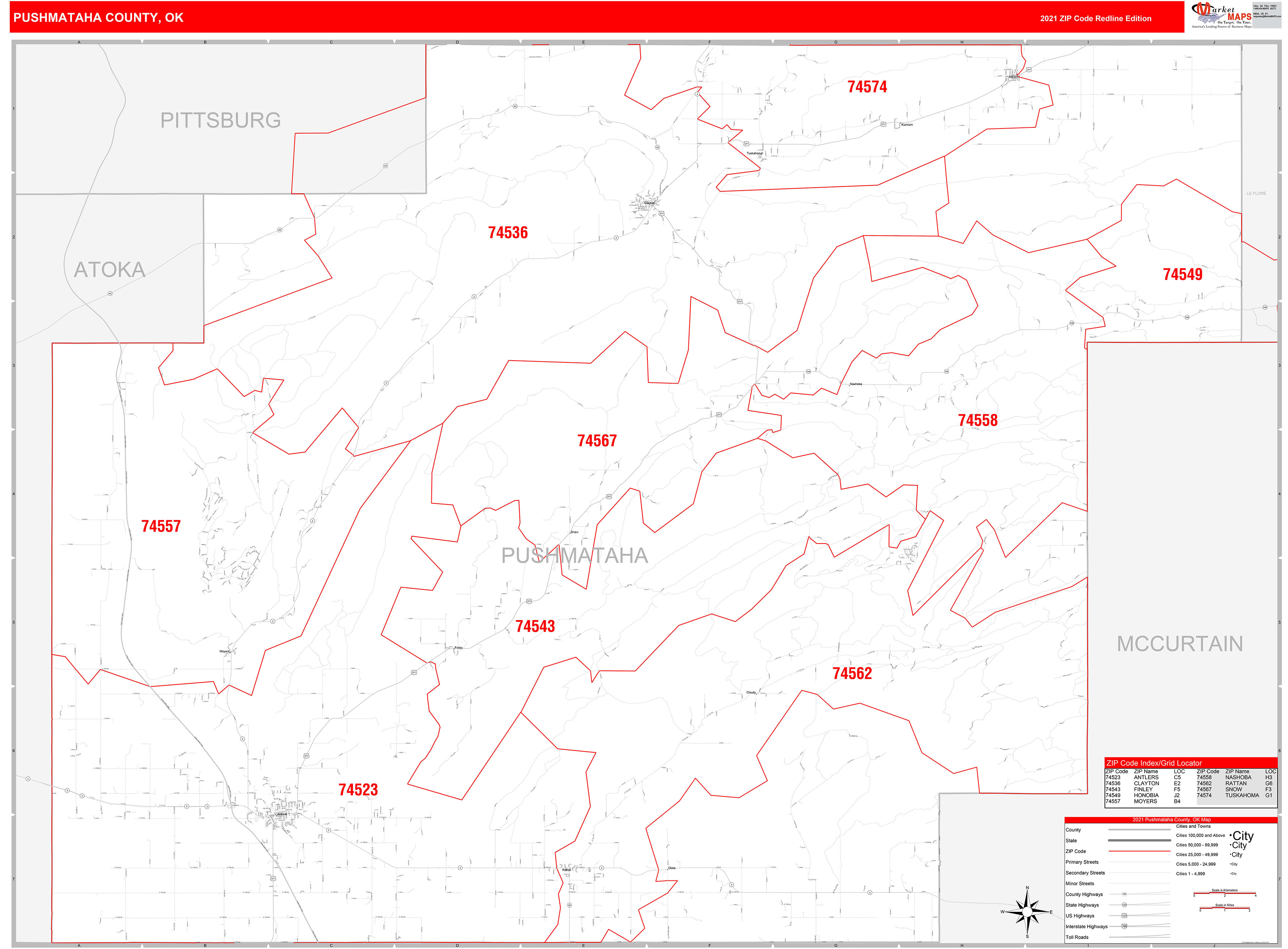 Pushmataha County, OK Zip Code Wall Map Red Line Style by MarketMAPS ...