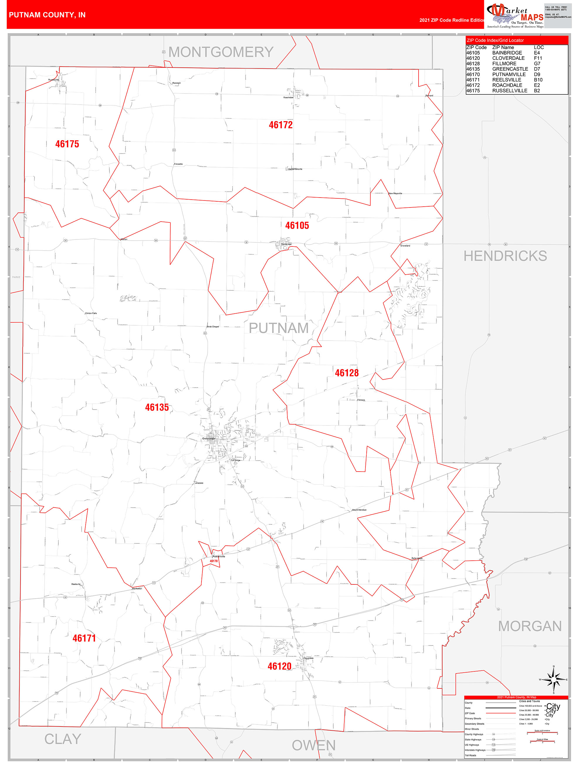 Putnam County, IN Zip Code Wall Map Red Line Style by MarketMAPS - MapSales