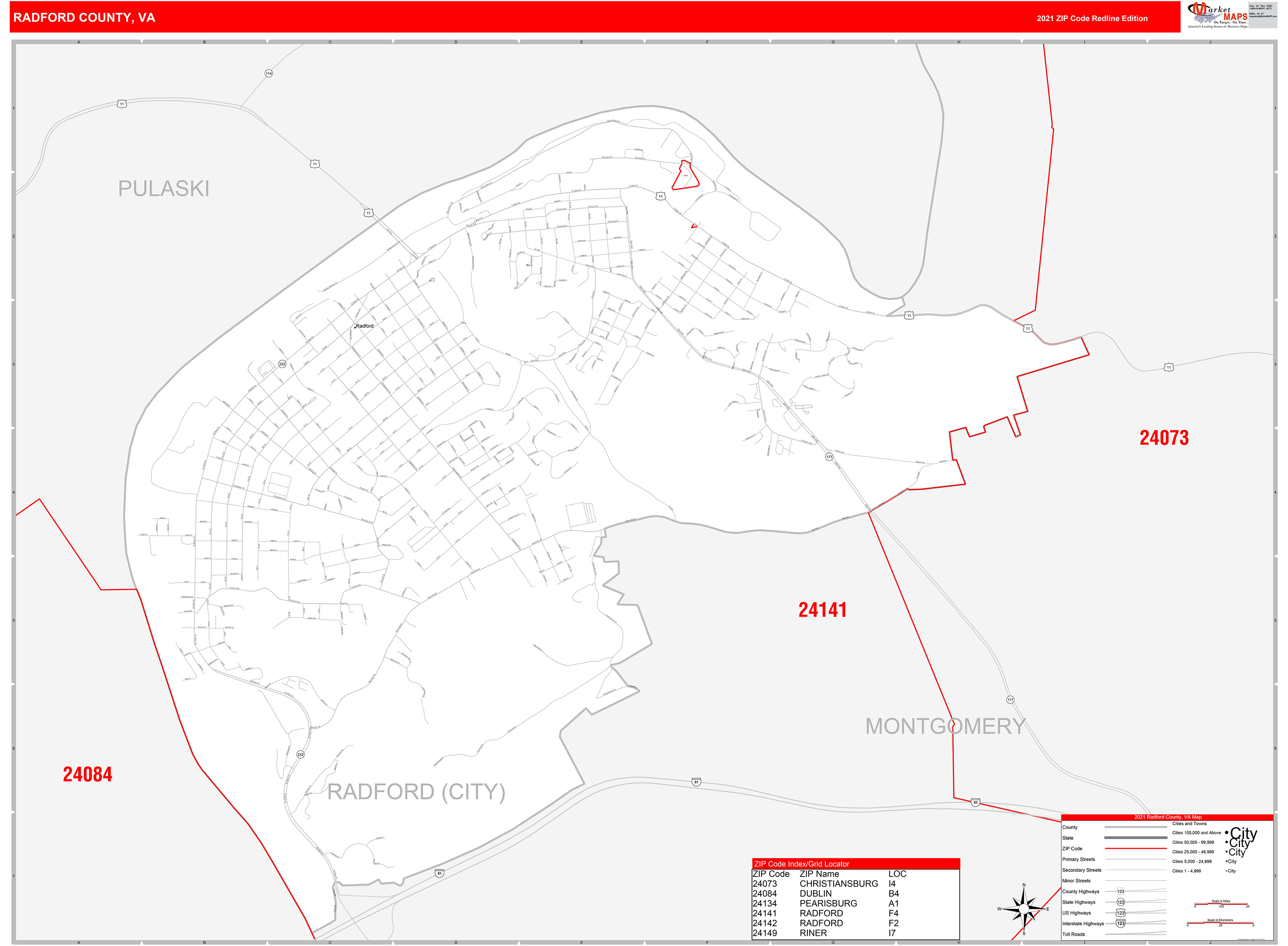 Radford County VA Zip Code Wall Map Red Line Style By MarketMAPS