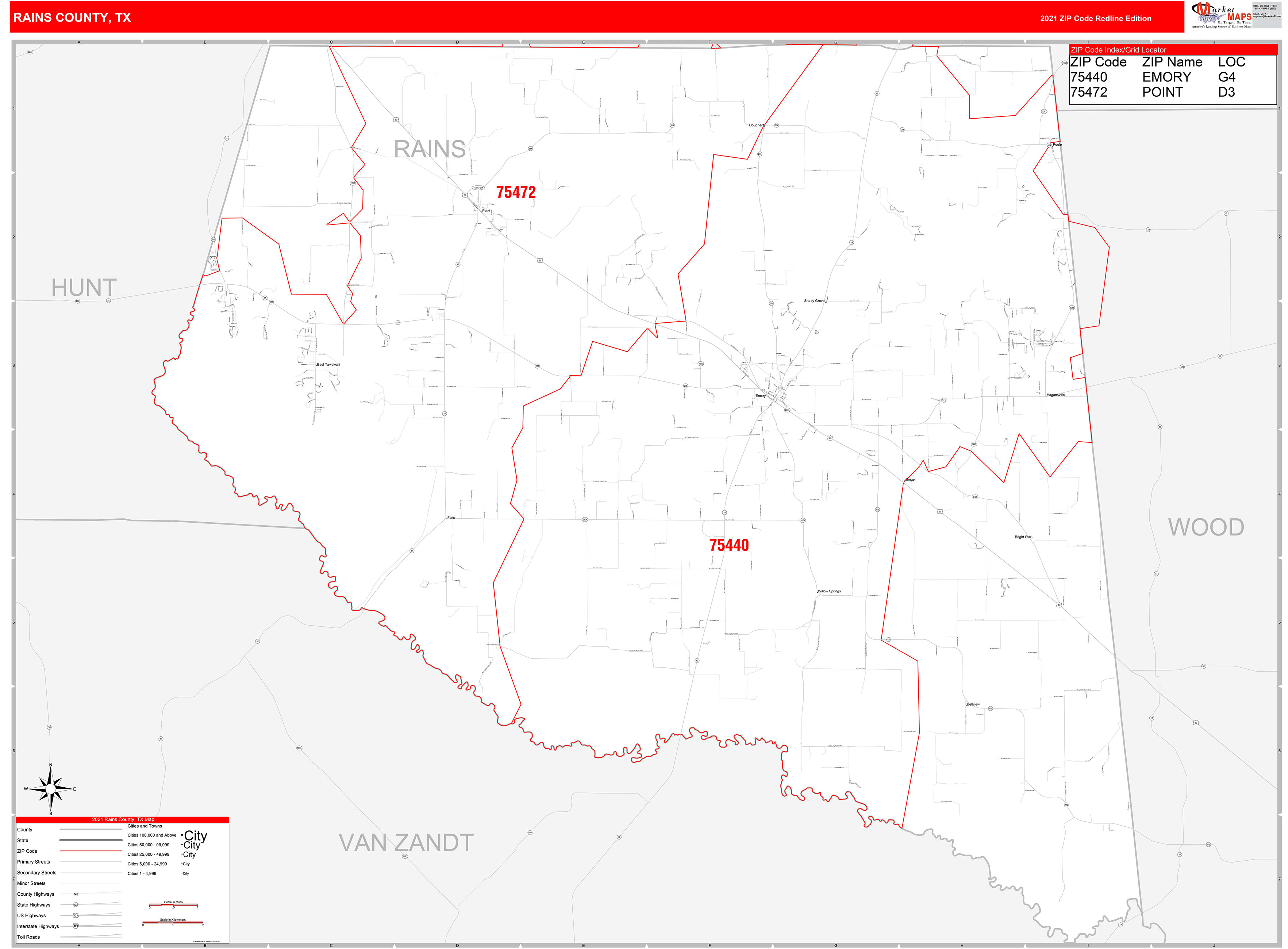 Rains County, TX Zip Code Wall Map Red Line Style by MarketMAPS ...
