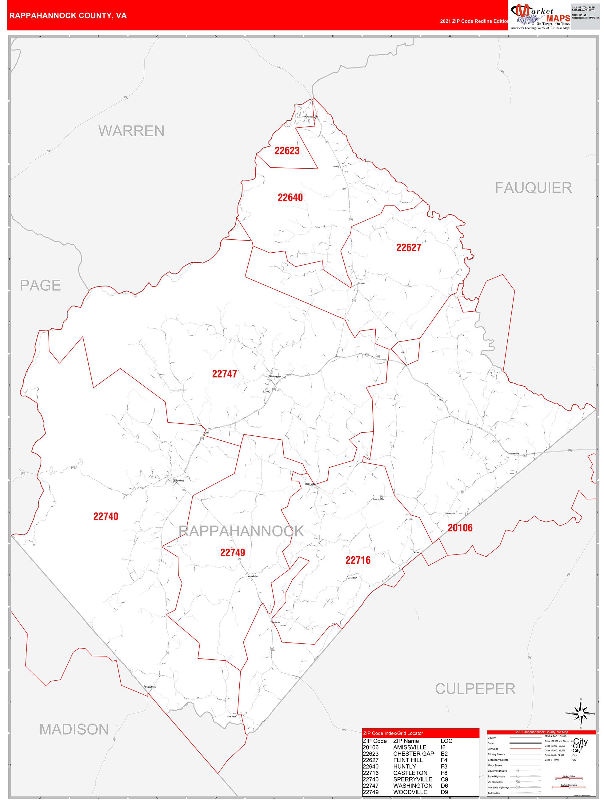 Rappahannock County, VA Zip Code Wall Map Red Line Style by MarketMAPS ...