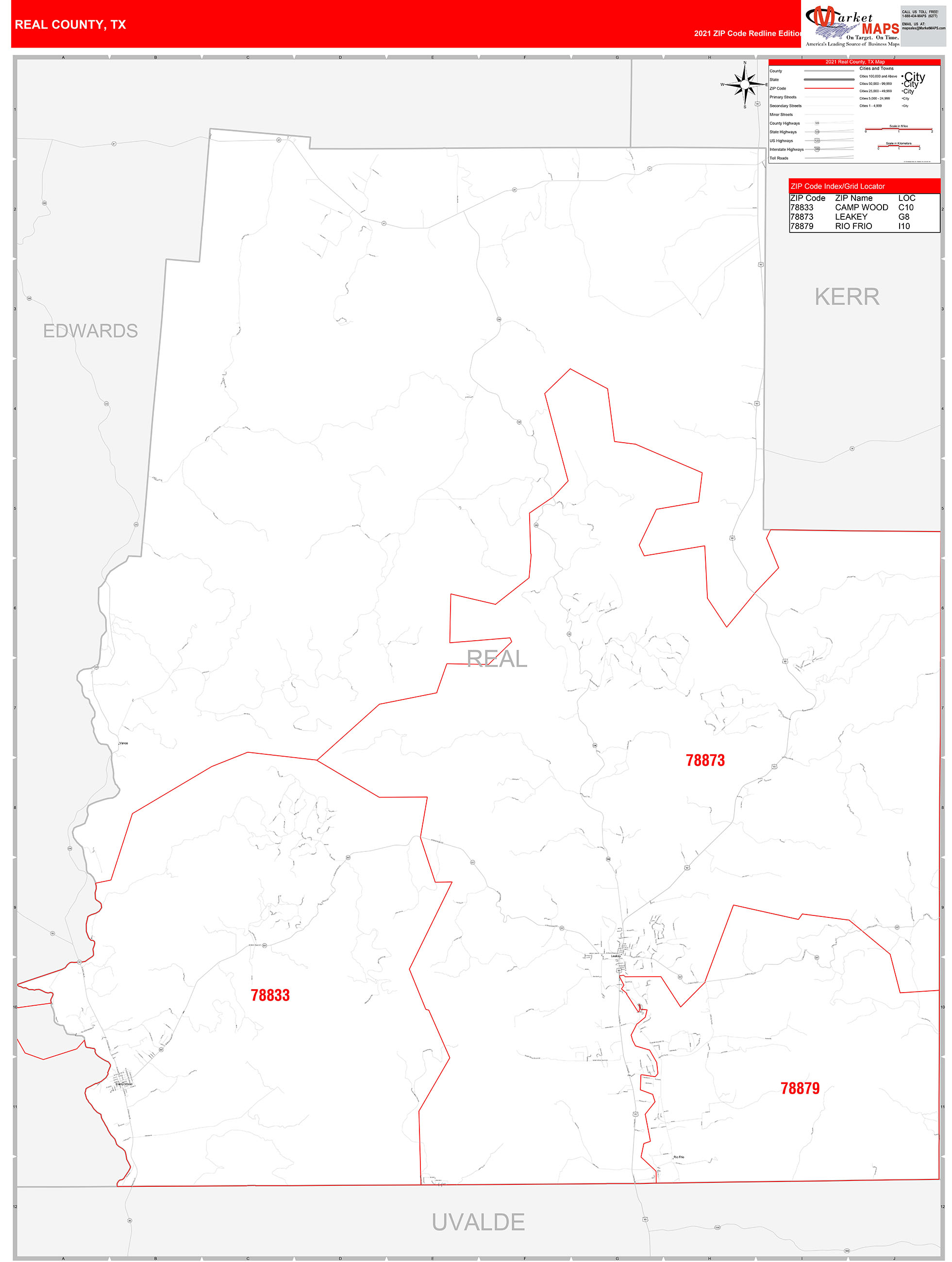 Real County, TX Zip Code Wall Map Red Line Style by MarketMAPS - MapSales