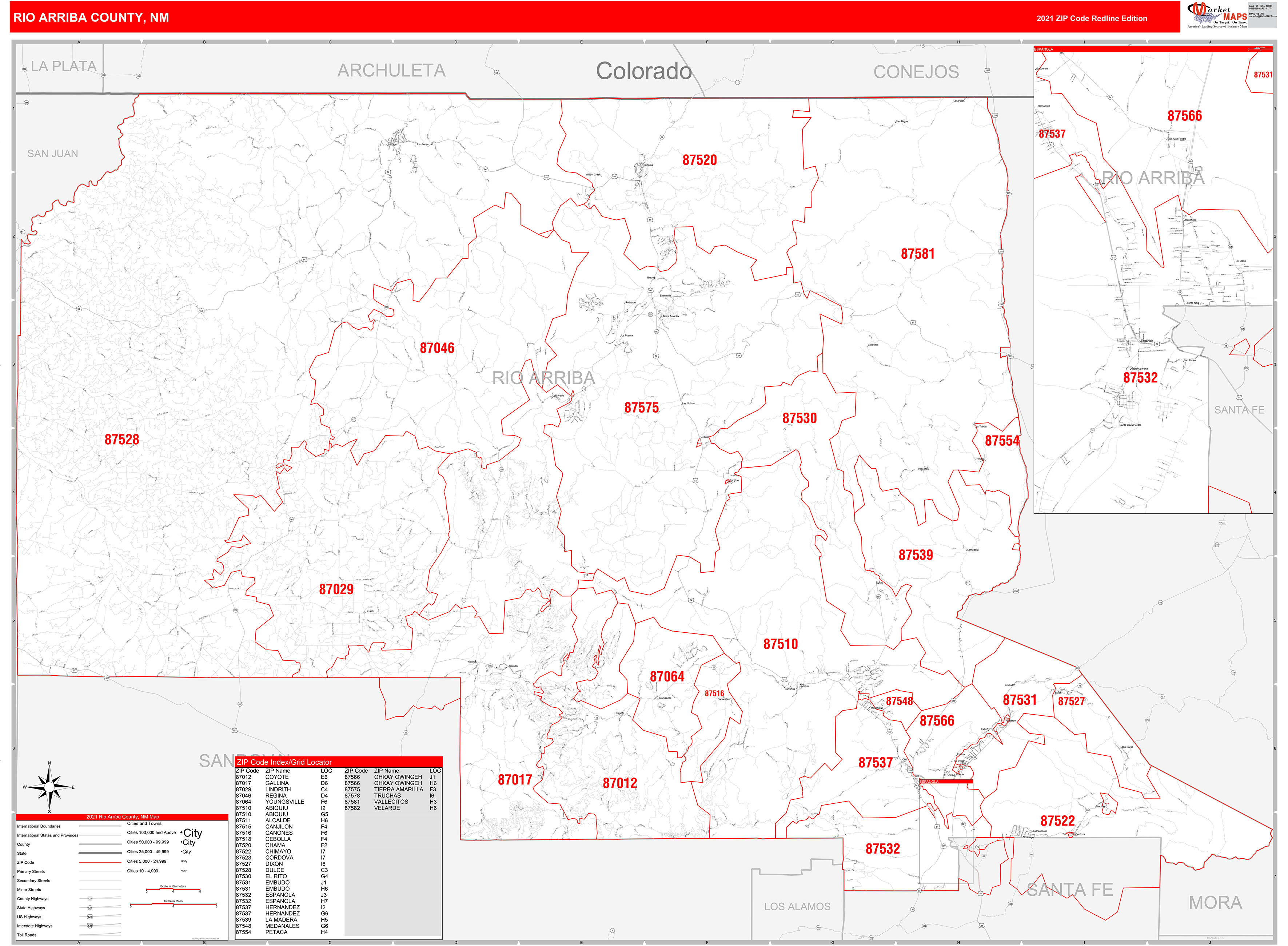 Rio Arriba County, NM Zip Code Wall Map Red Line Style by MarketMAPS ...