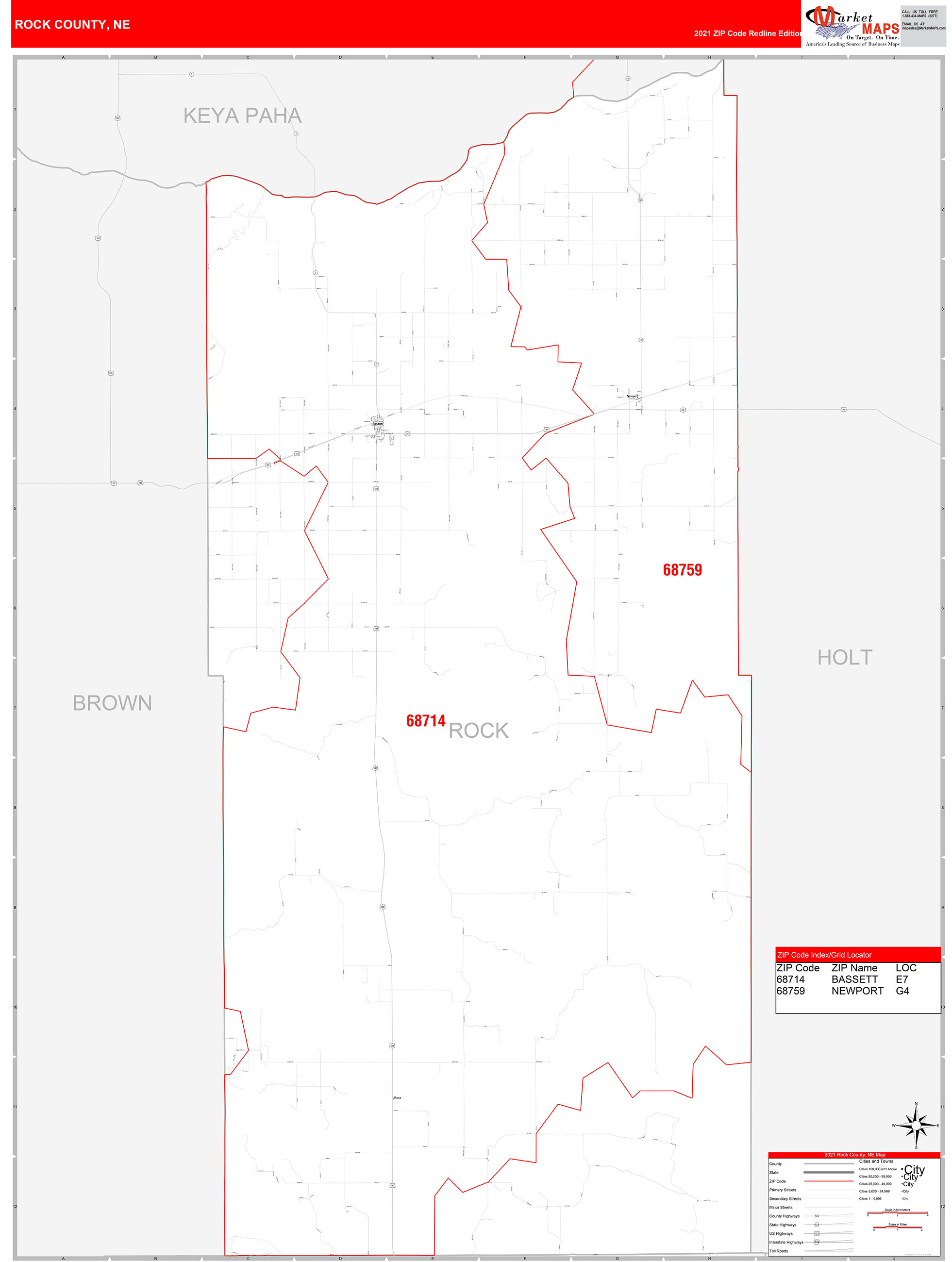 Rock County, NE Zip Code Wall Map Red Line Style by MarketMAPS - MapSales.com