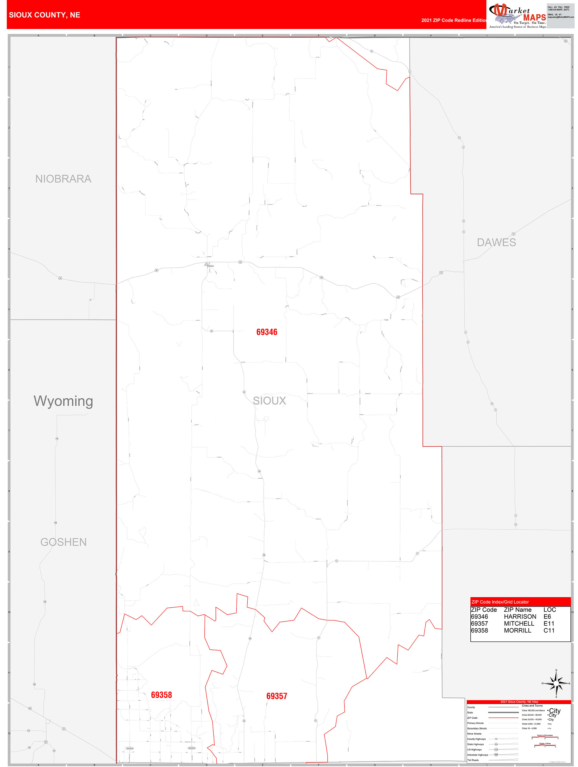 Sioux County, NE Zip Code Wall Map Red Line Style by MarketMAPS - MapSales