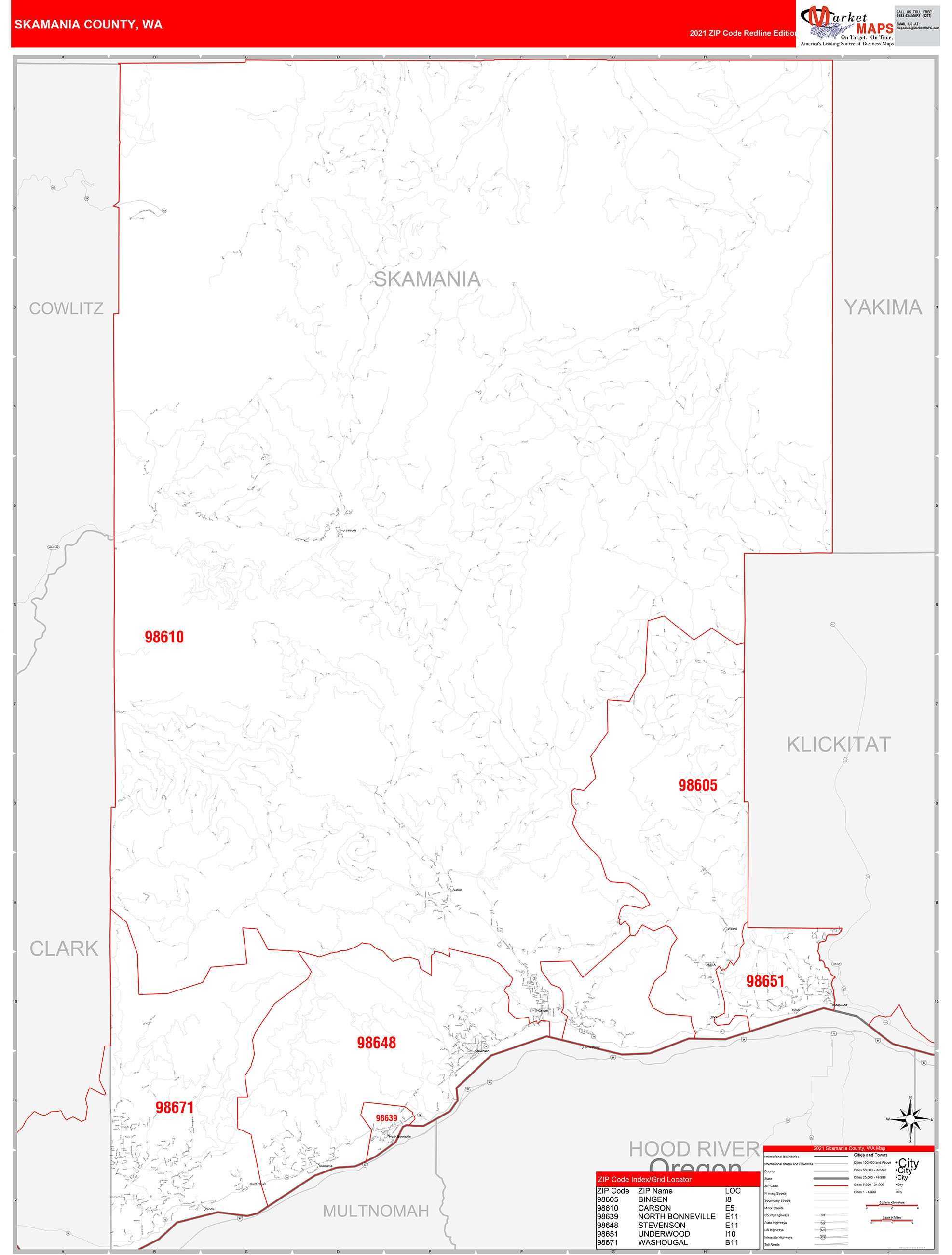 Skamania County, WA Zip Code Wall Map Red Line Style by MarketMAPS - MapSales