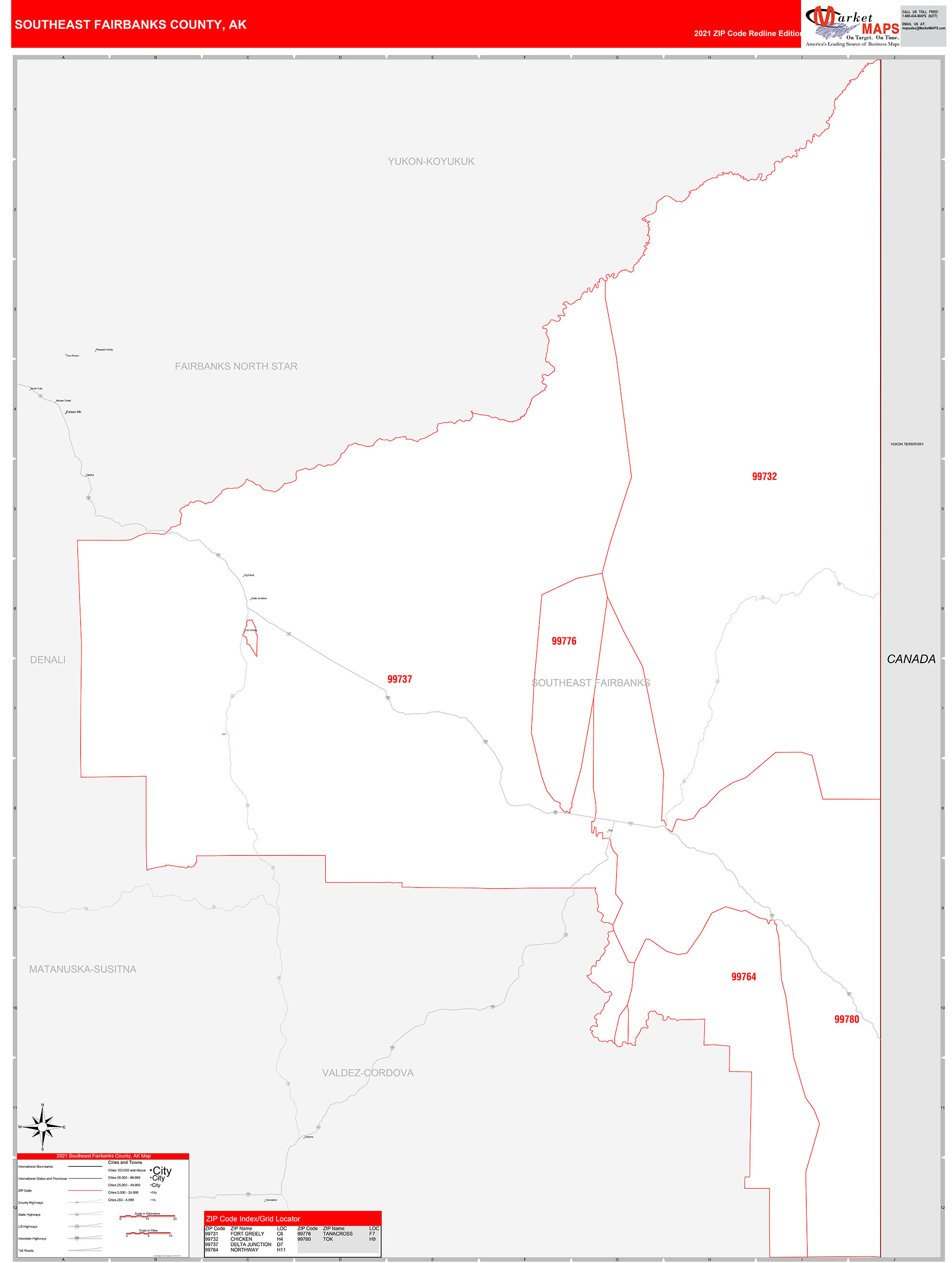 Southeast Fairbanks County, AK Zip Code Wall Map Red Line Style by ...