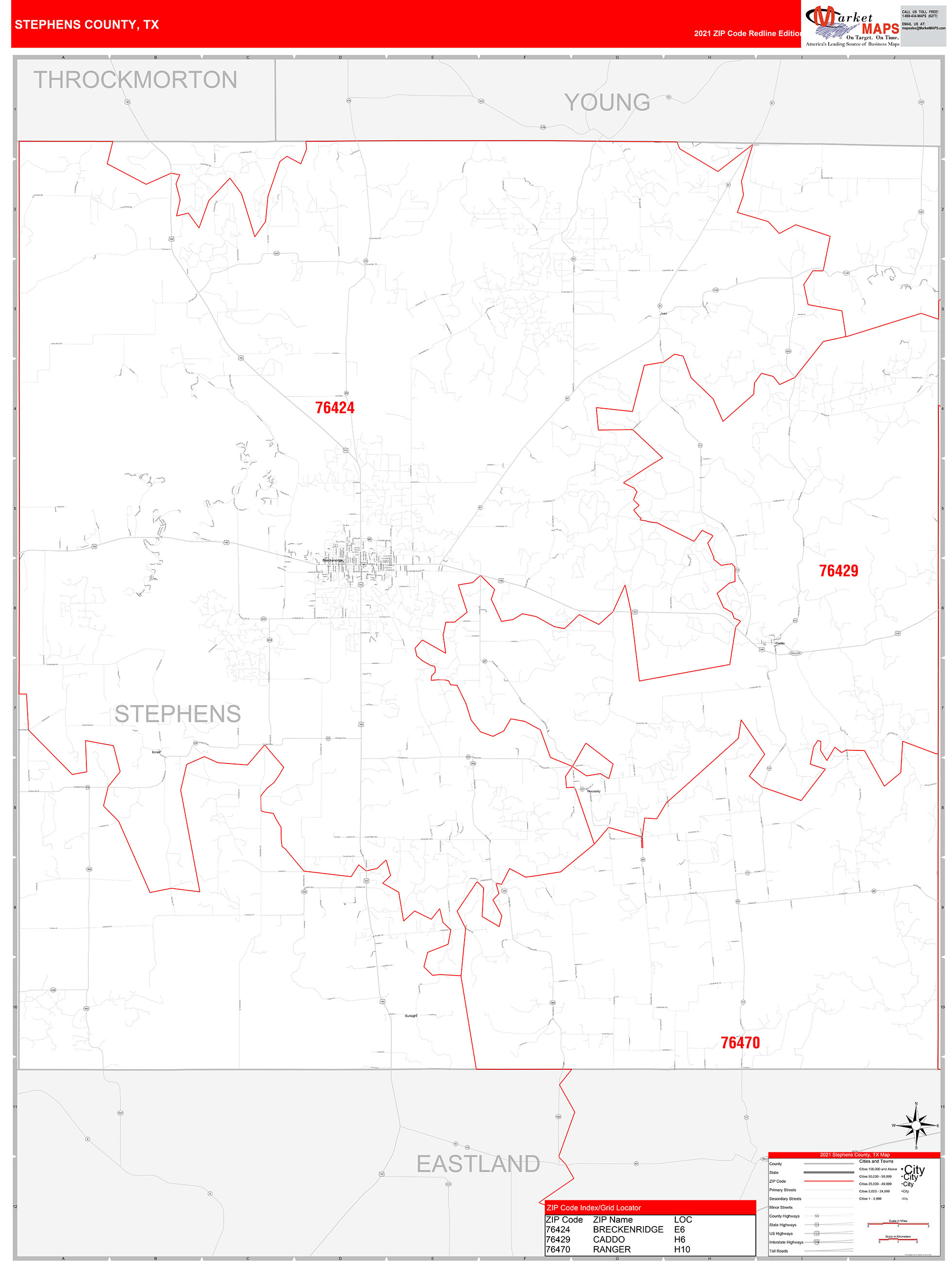 Stephens County, TX Zip Code Wall Map Red Line Style by MarketMAPS ...