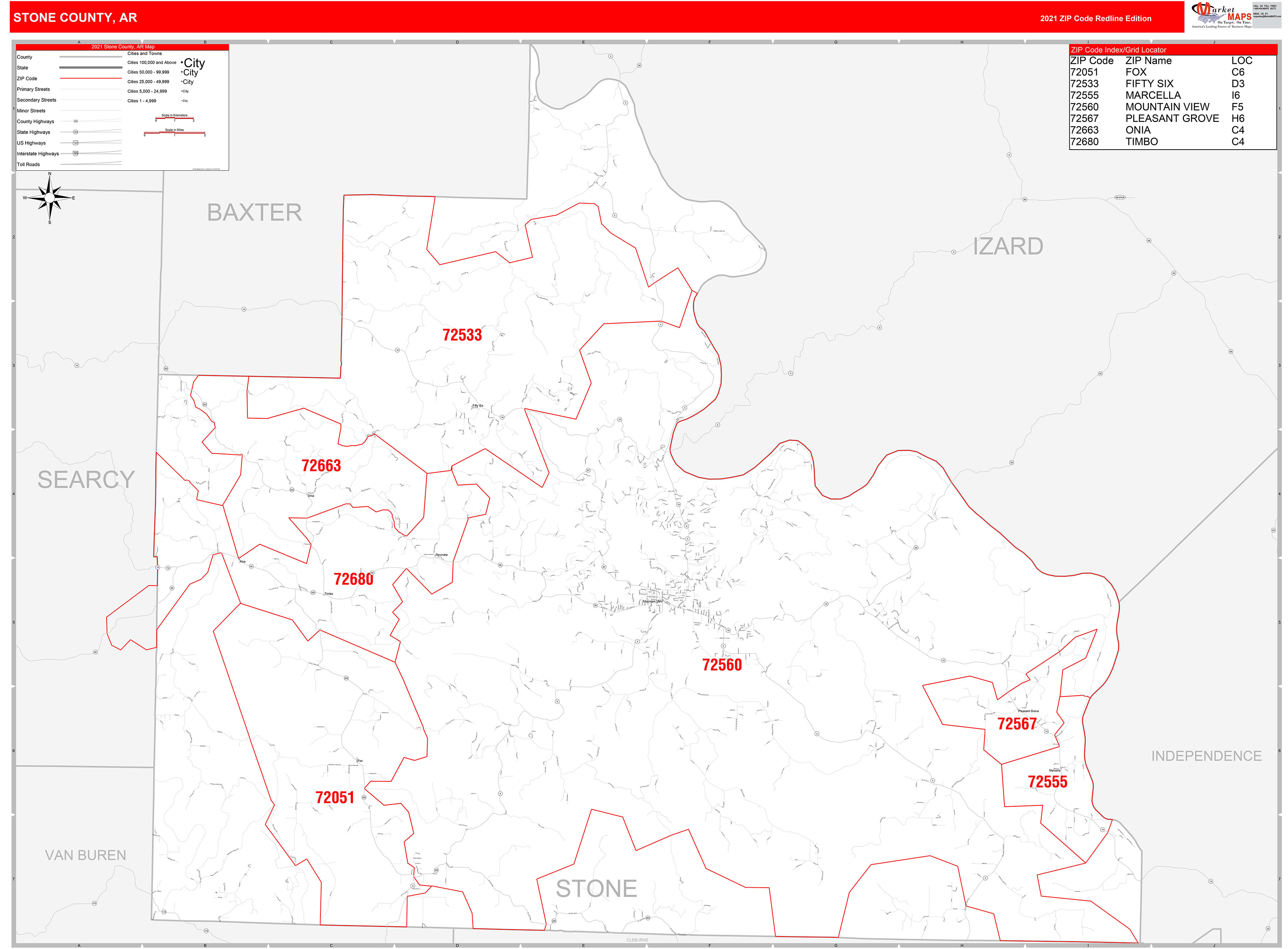 Stone County, AR Zip Code Wall Map Red Line Style by MarketMAPS - MapSales