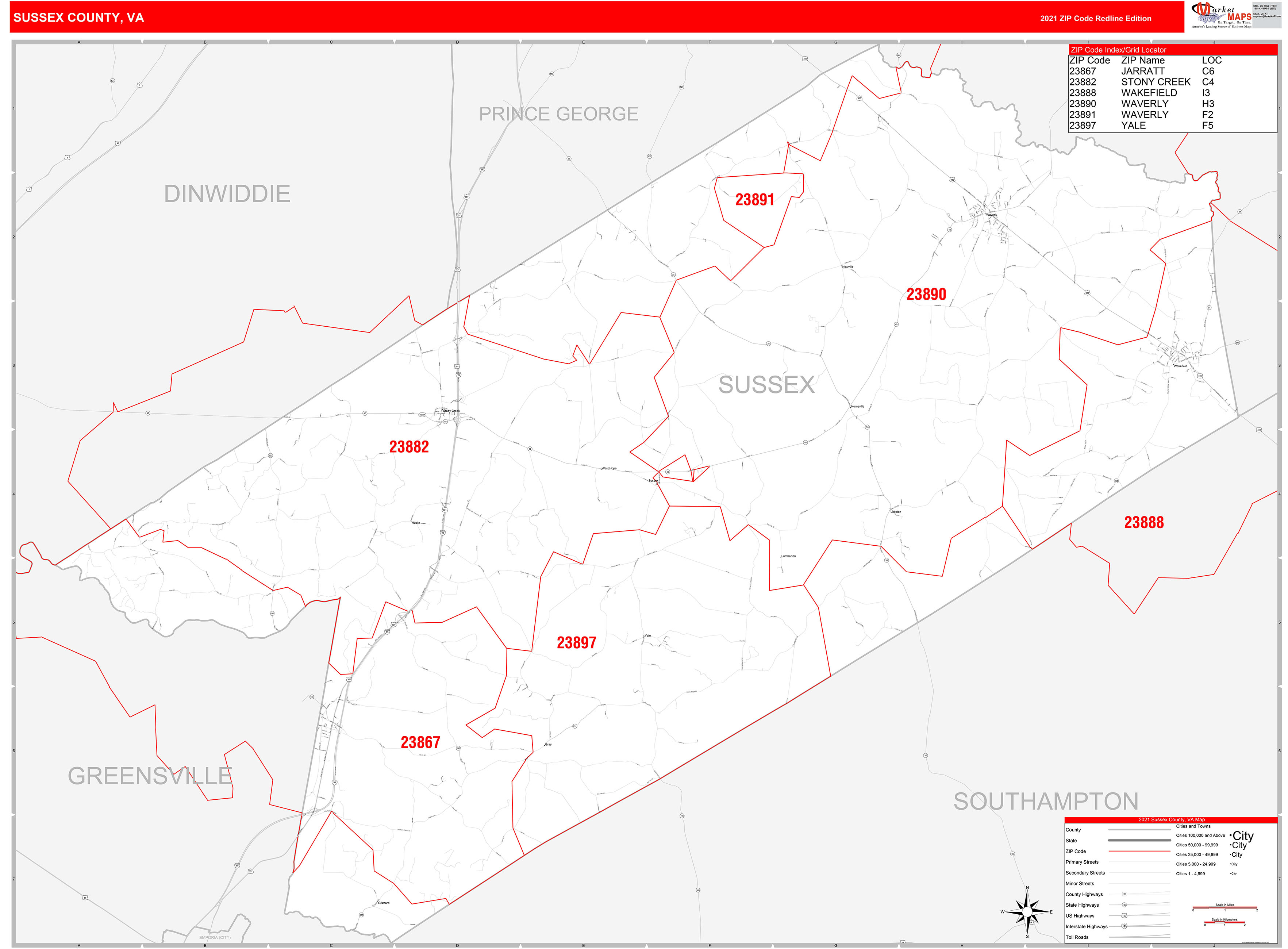 Sussex County Va Zip Code Wall Map Red Line Style By Marketmaps Mapsales