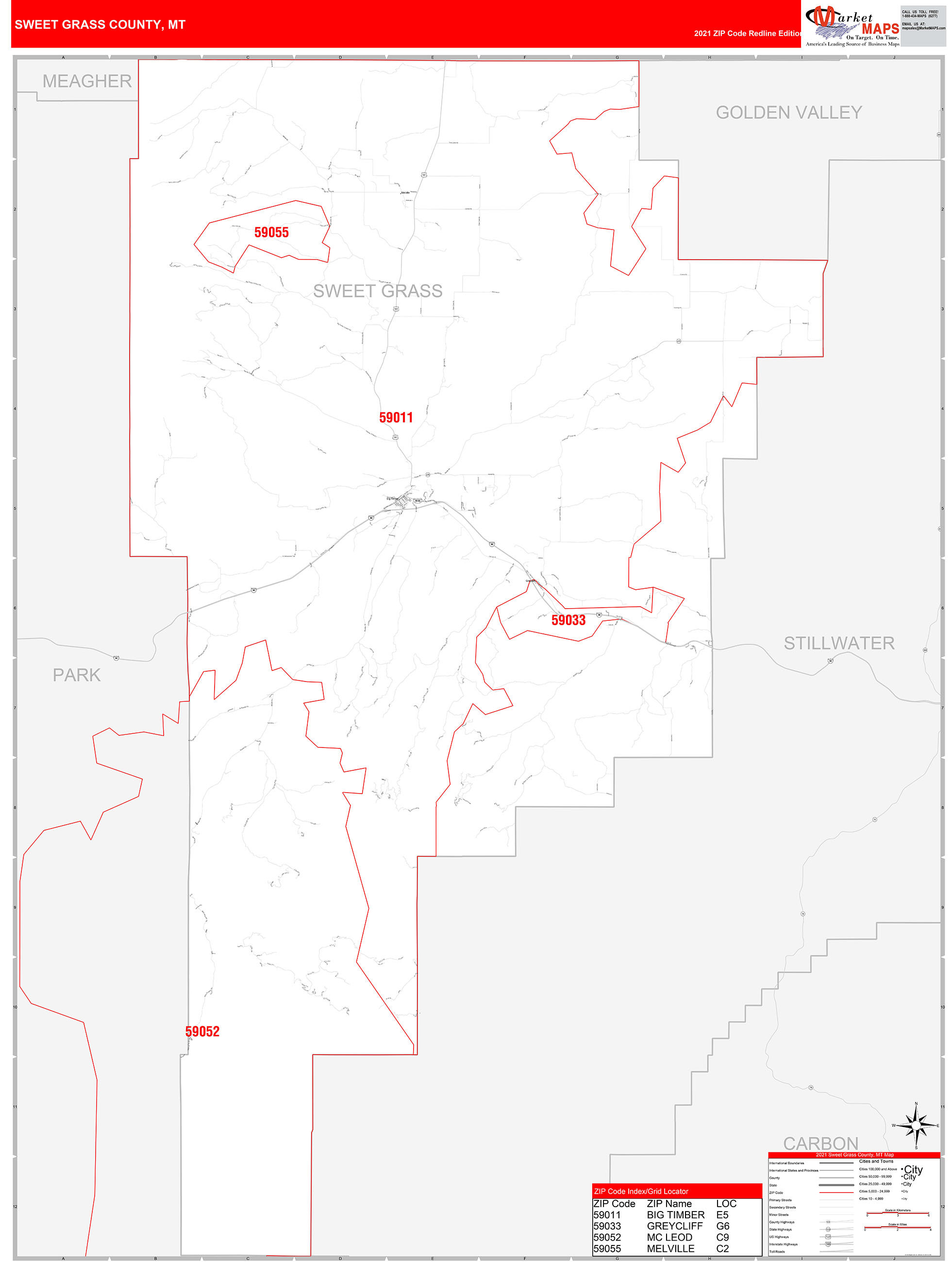 Sweet Grass County, MT Zip Code Wall Map Red Line Style by MarketMAPS - MapSales