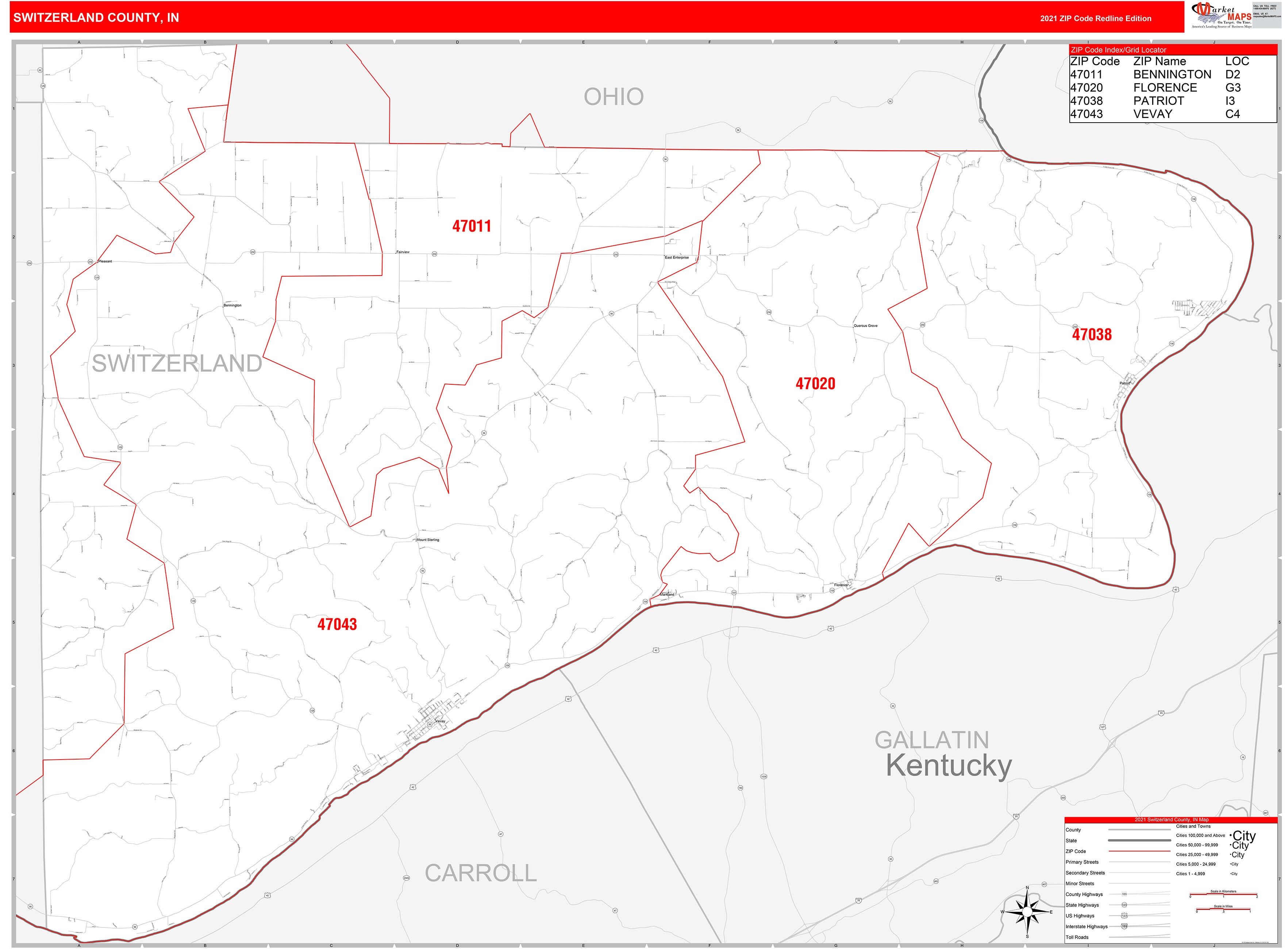 Switzerland County, IN Zip Code Wall Map Red Line Style by MarketMAPS ...