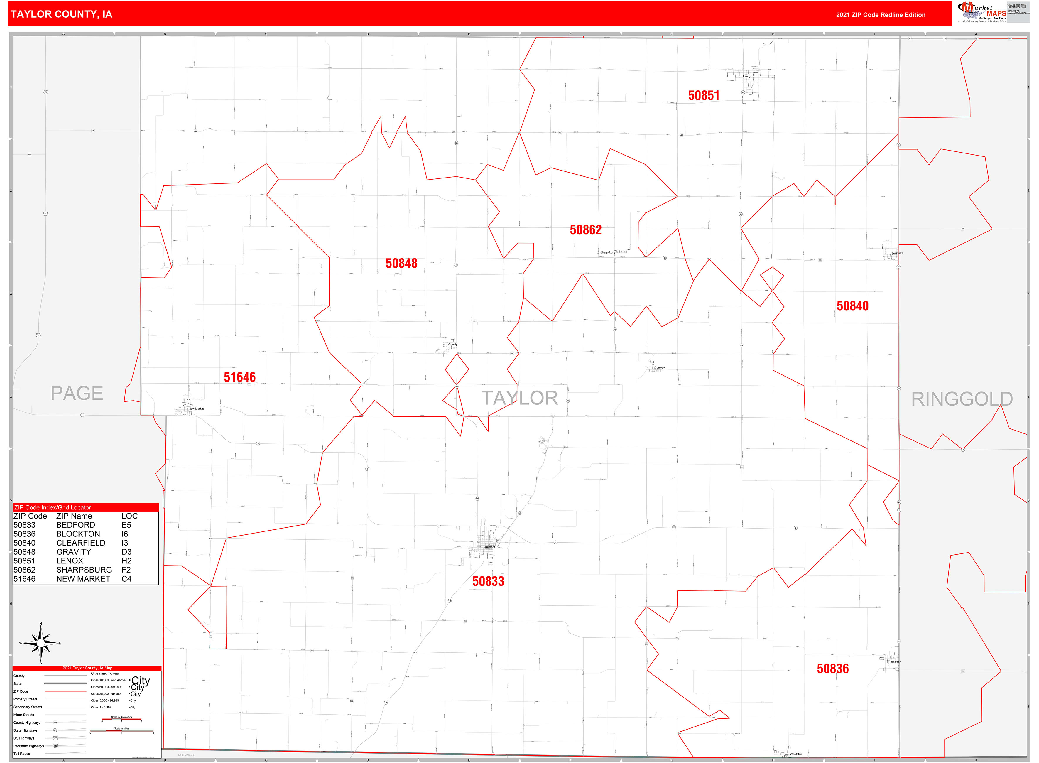 Taylor County, IA Zip Code Wall Map Red Line Style by MarketMAPS - MapSales