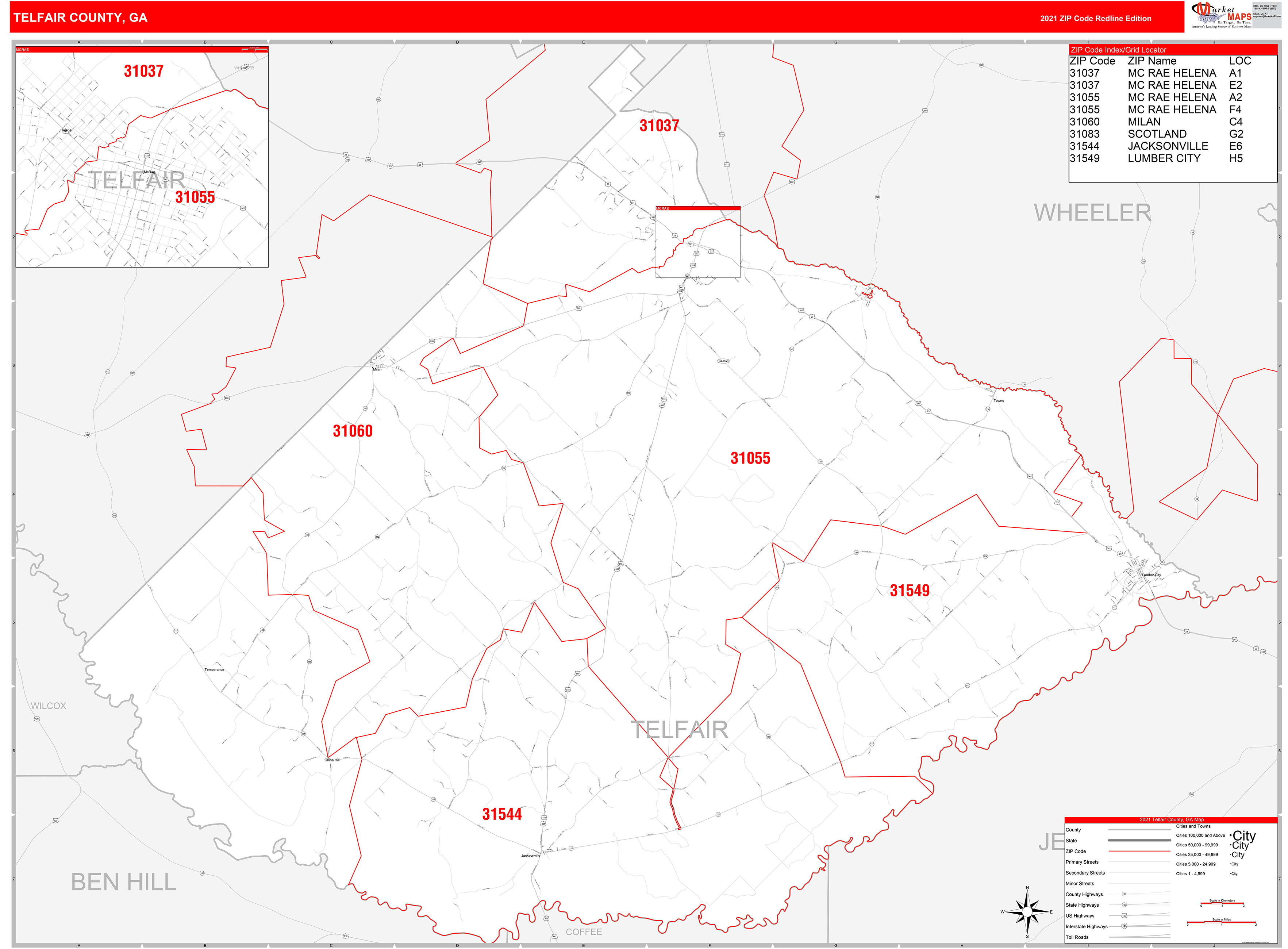 Telfair County, GA Zip Code Wall Map Red Line Style by MarketMAPS ...