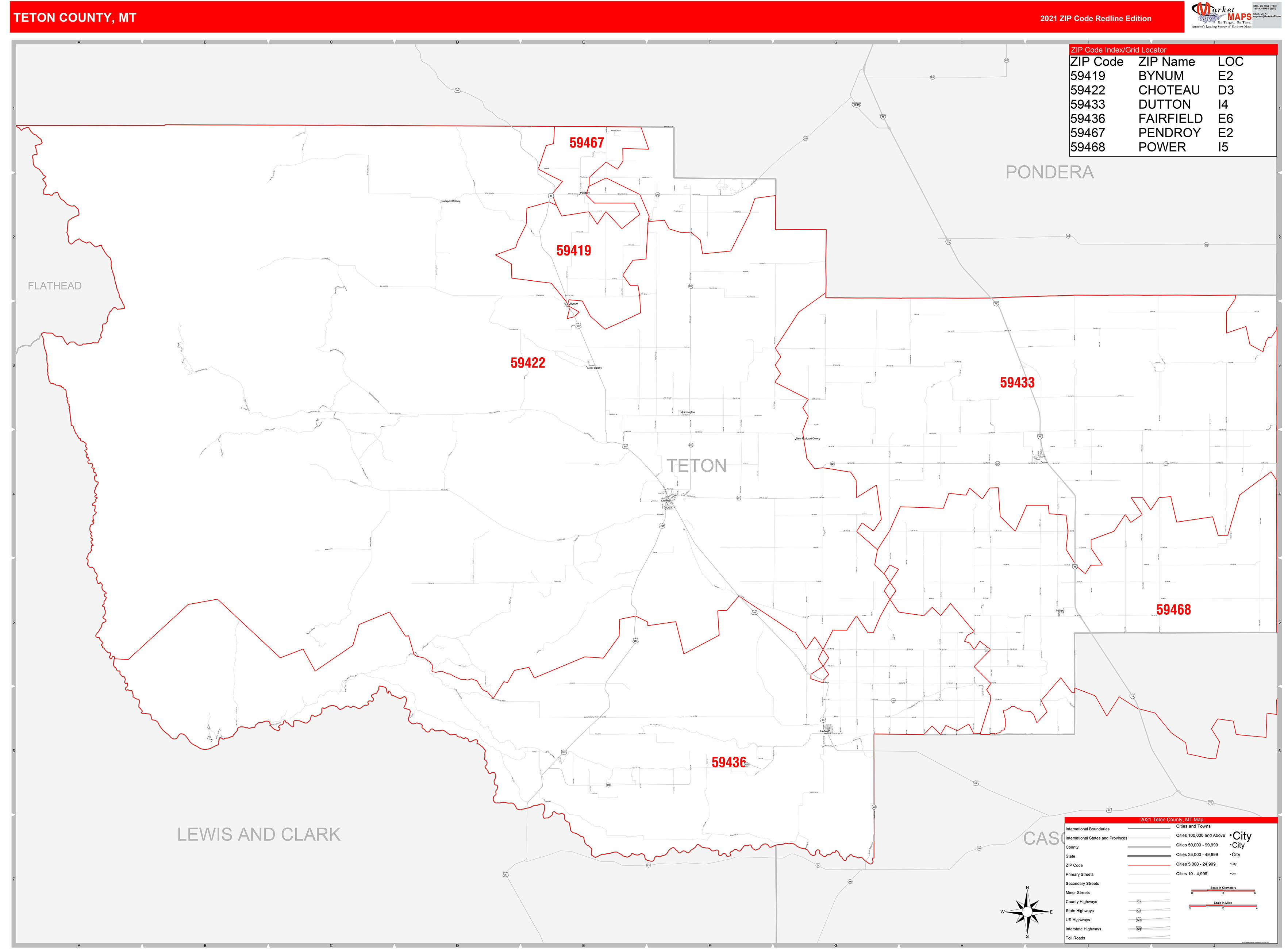 Teton County, MT Zip Code Wall Map Red Line Style by MarketMAPS - MapSales
