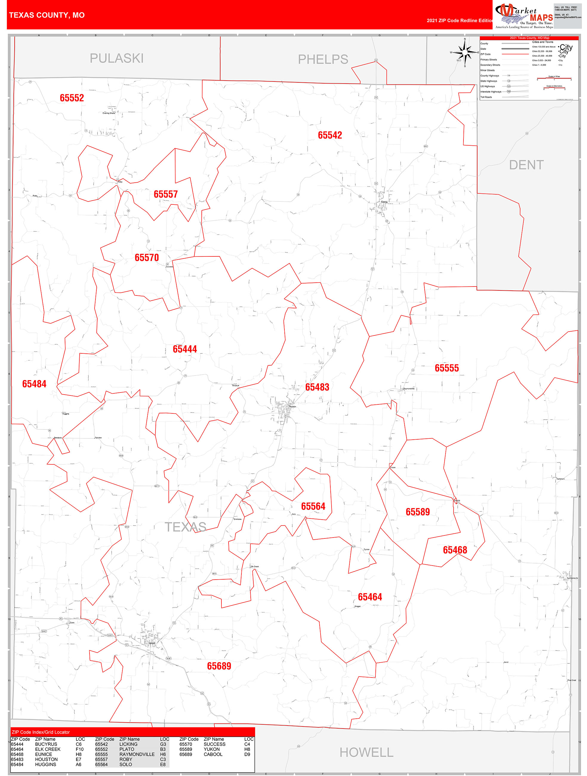 Texas County, MO Zip Code Wall Map Red Line Style by MarketMAPS