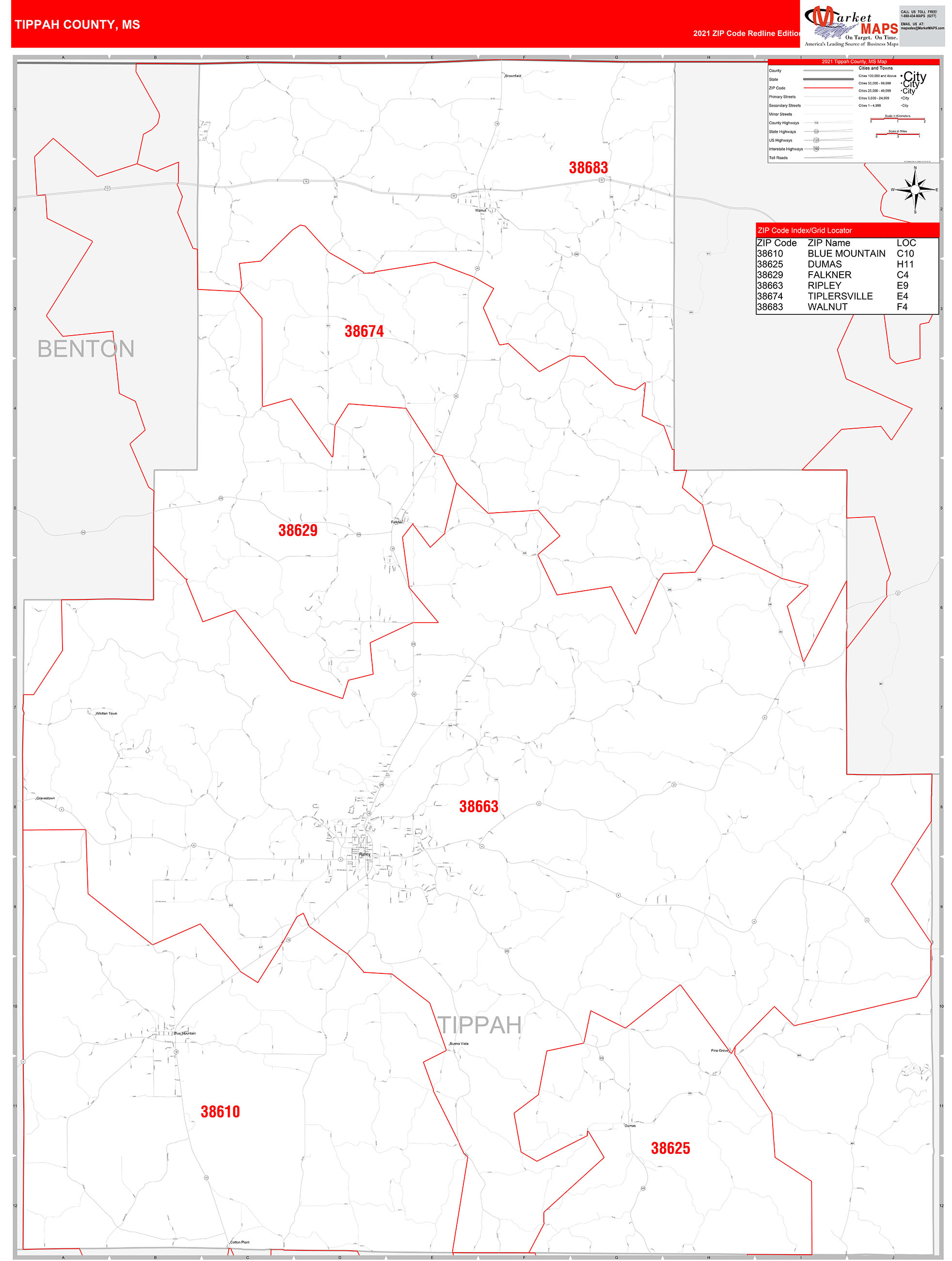 Tippah County, MS Zip Code Wall Map Red Line Style by MarketMAPS - MapSales
