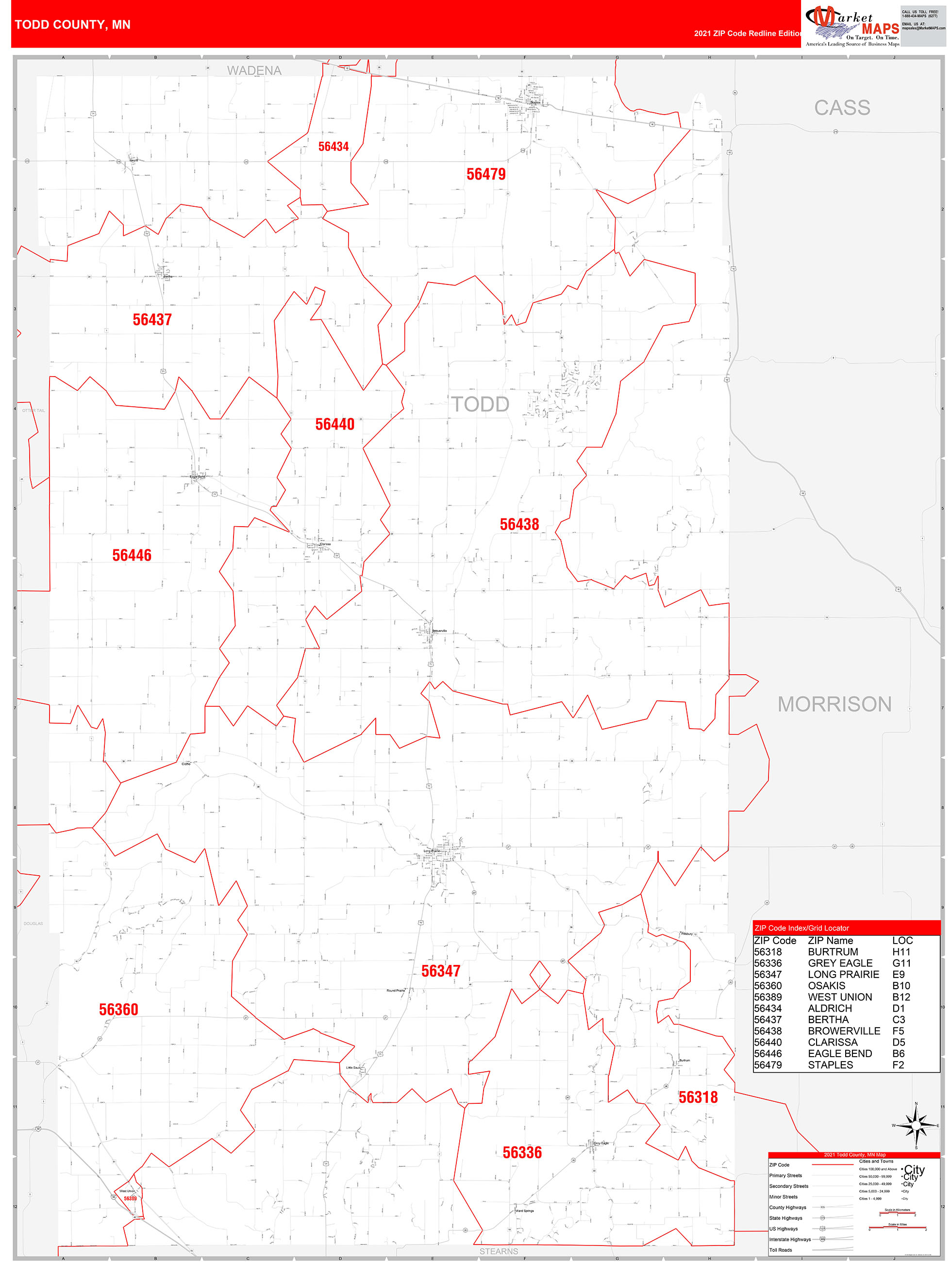 Todd County, MN Zip Code Wall Map Red Line Style by MarketMAPS ...