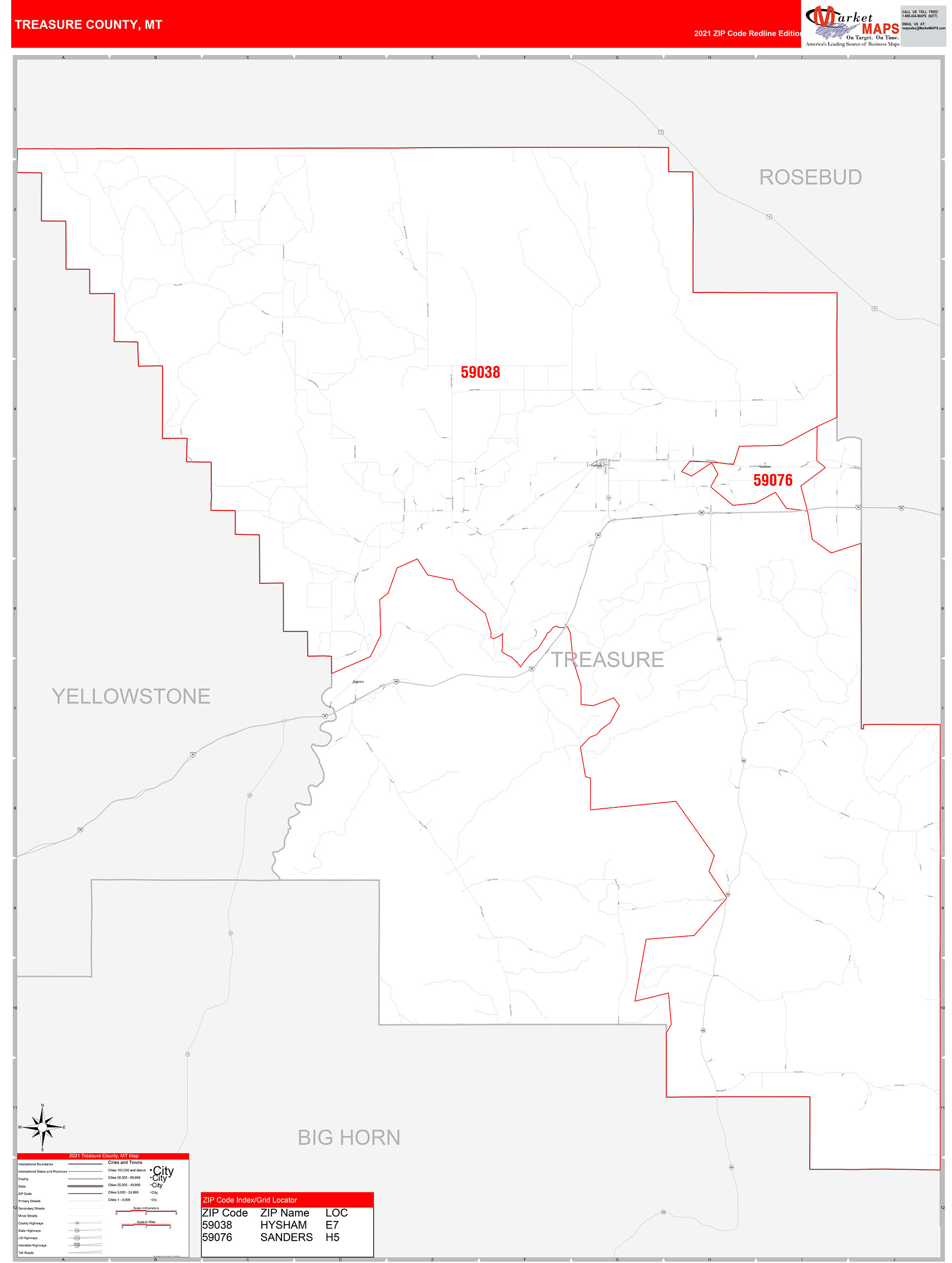 Treasure County, MT Zip Code Wall Map Red Line Style by MarketMAPS ...