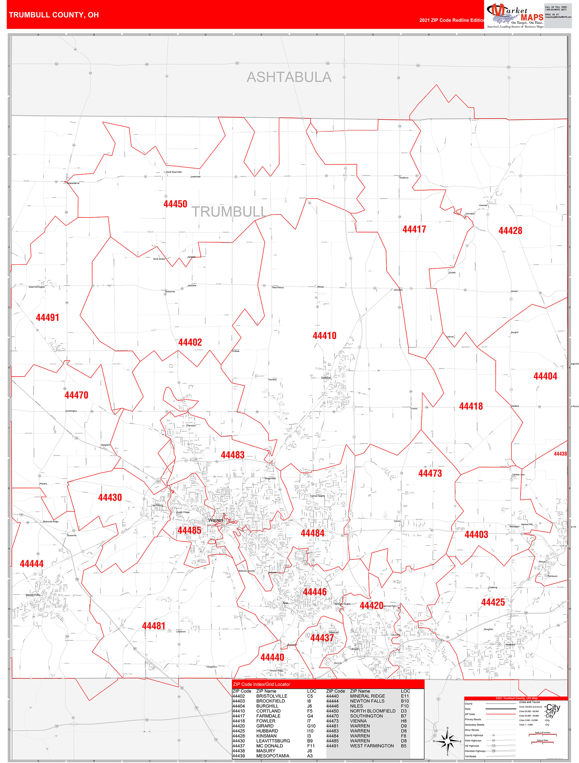 Trumbull County Oh Zip Code Wall Map Red Line Style By Marketmaps Mapsales