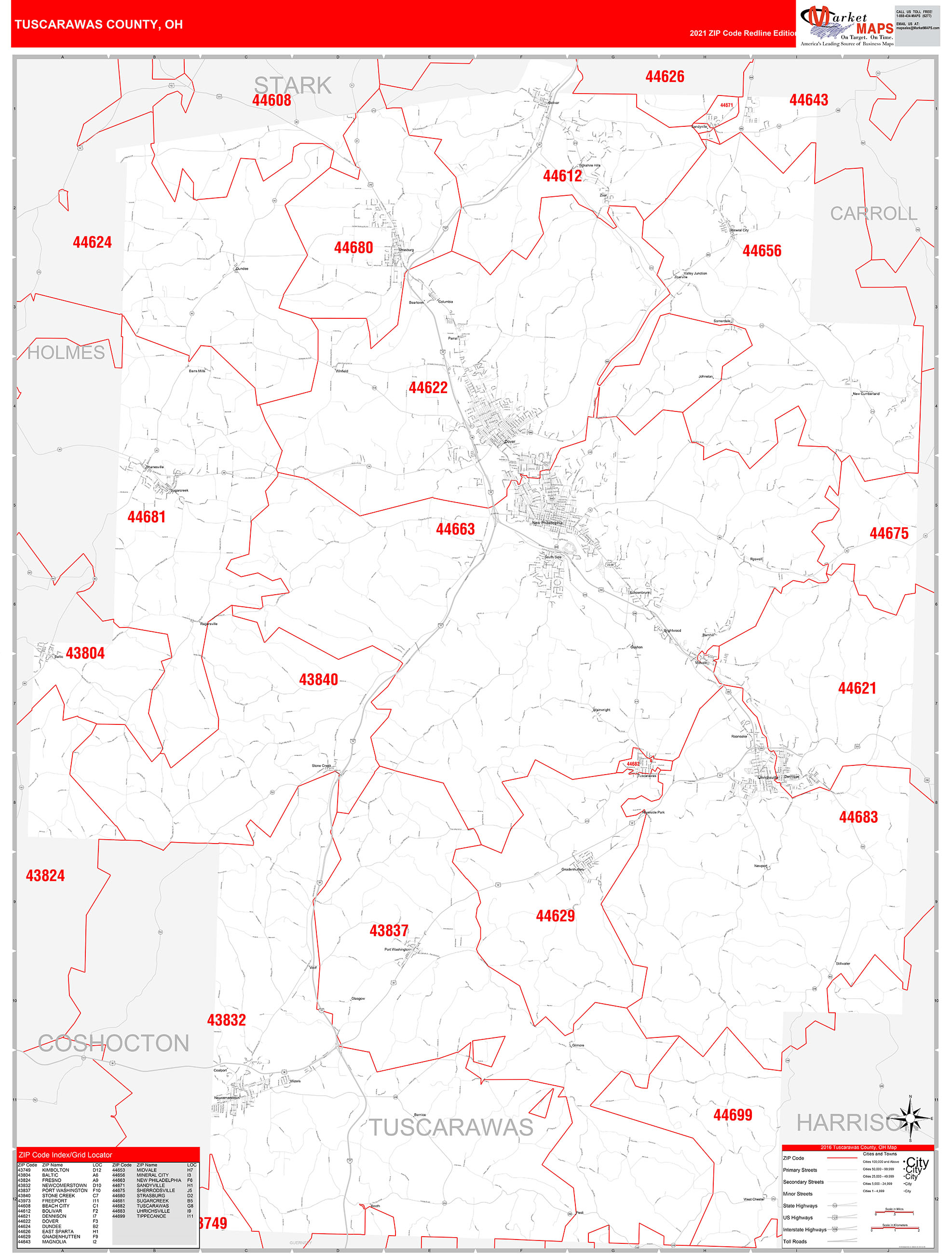 Tuscarawas County, OH Zip Code Wall Map Red Line Style by MarketMAPS - MapSales