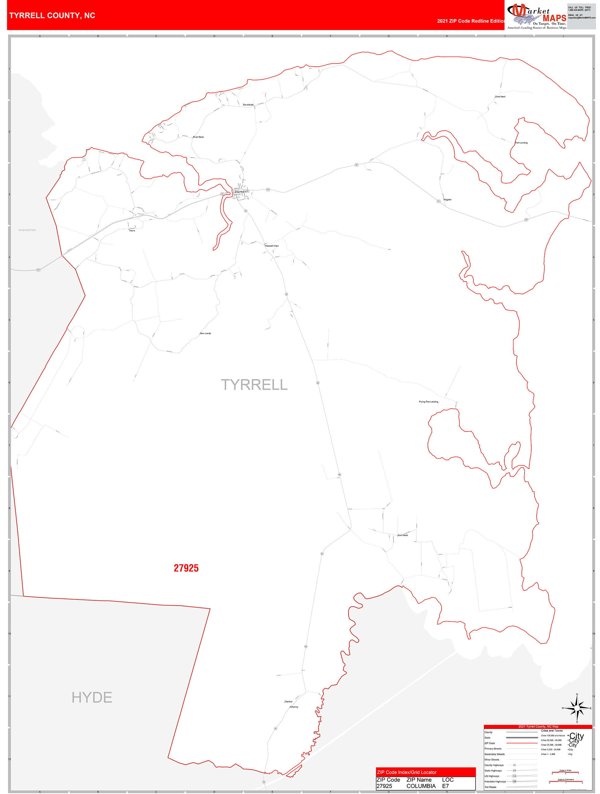 Tyrrell County, NC Zip Code Wall Map Red Line Style by MarketMAPS ...
