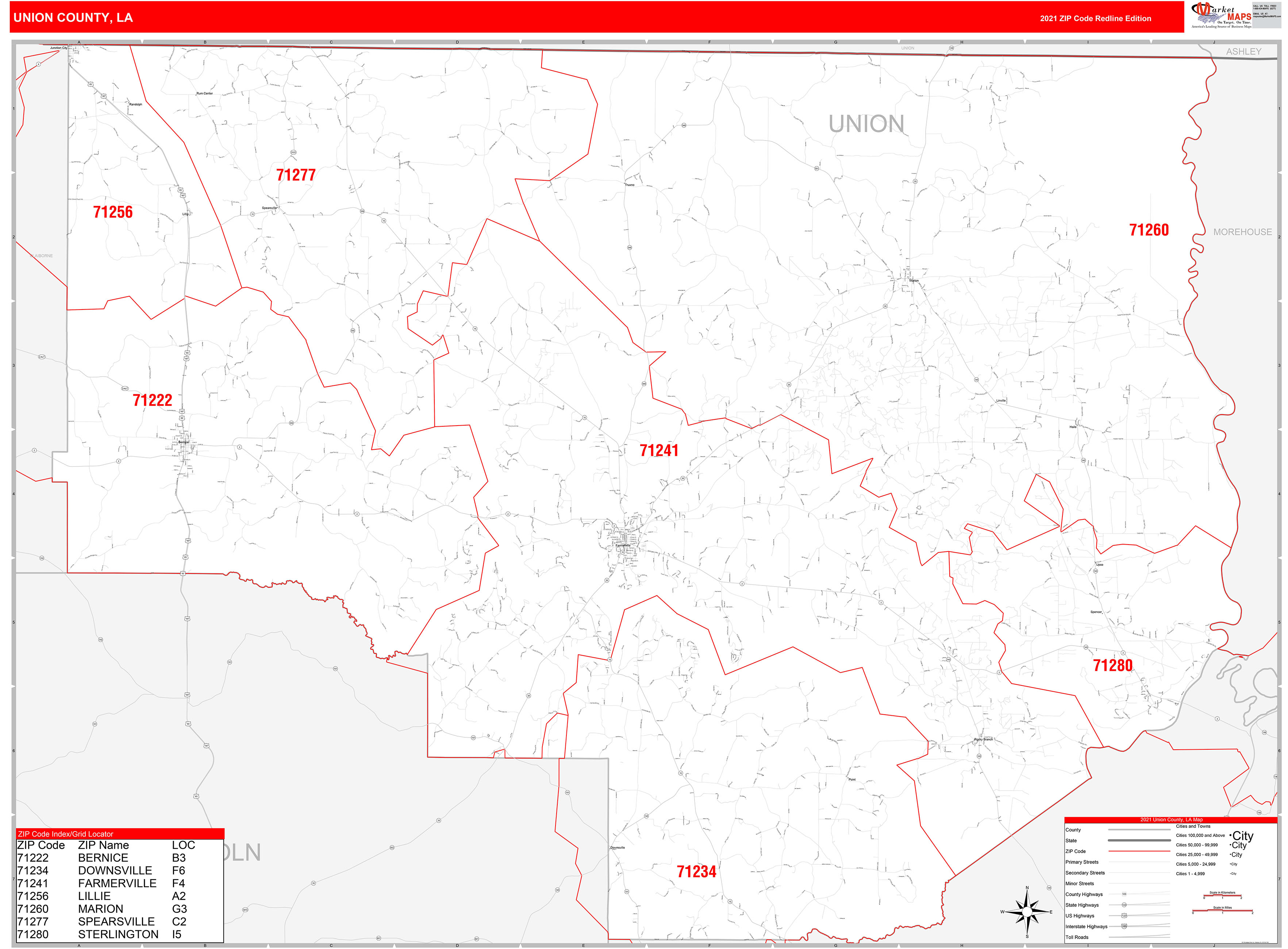 Union County, LA Zip Code Wall Map Red Line Style by MarketMAPS ...