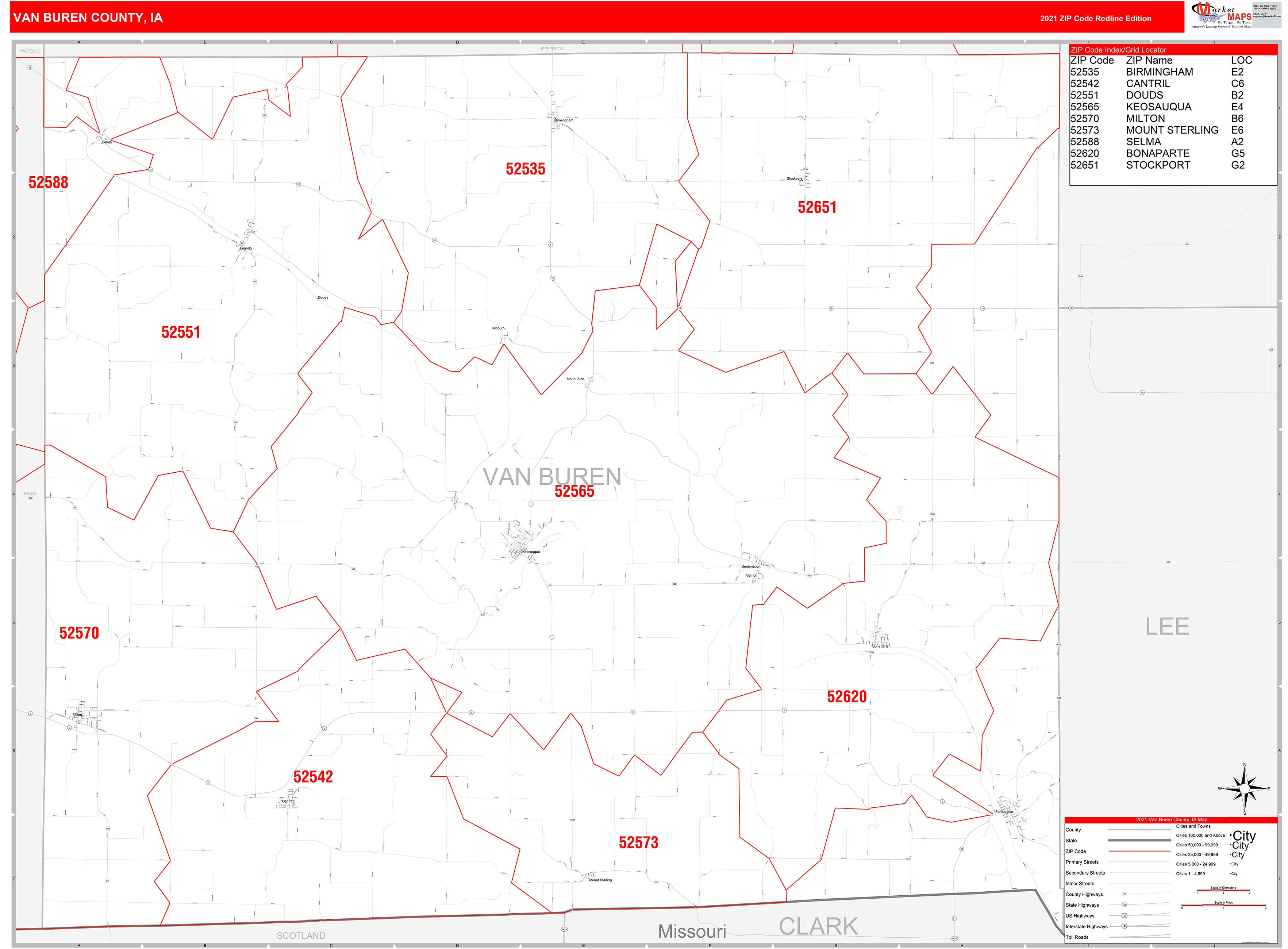 Van Buren County, IA Zip Code Wall Map Red Line Style by MarketMAPS - MapSales.com