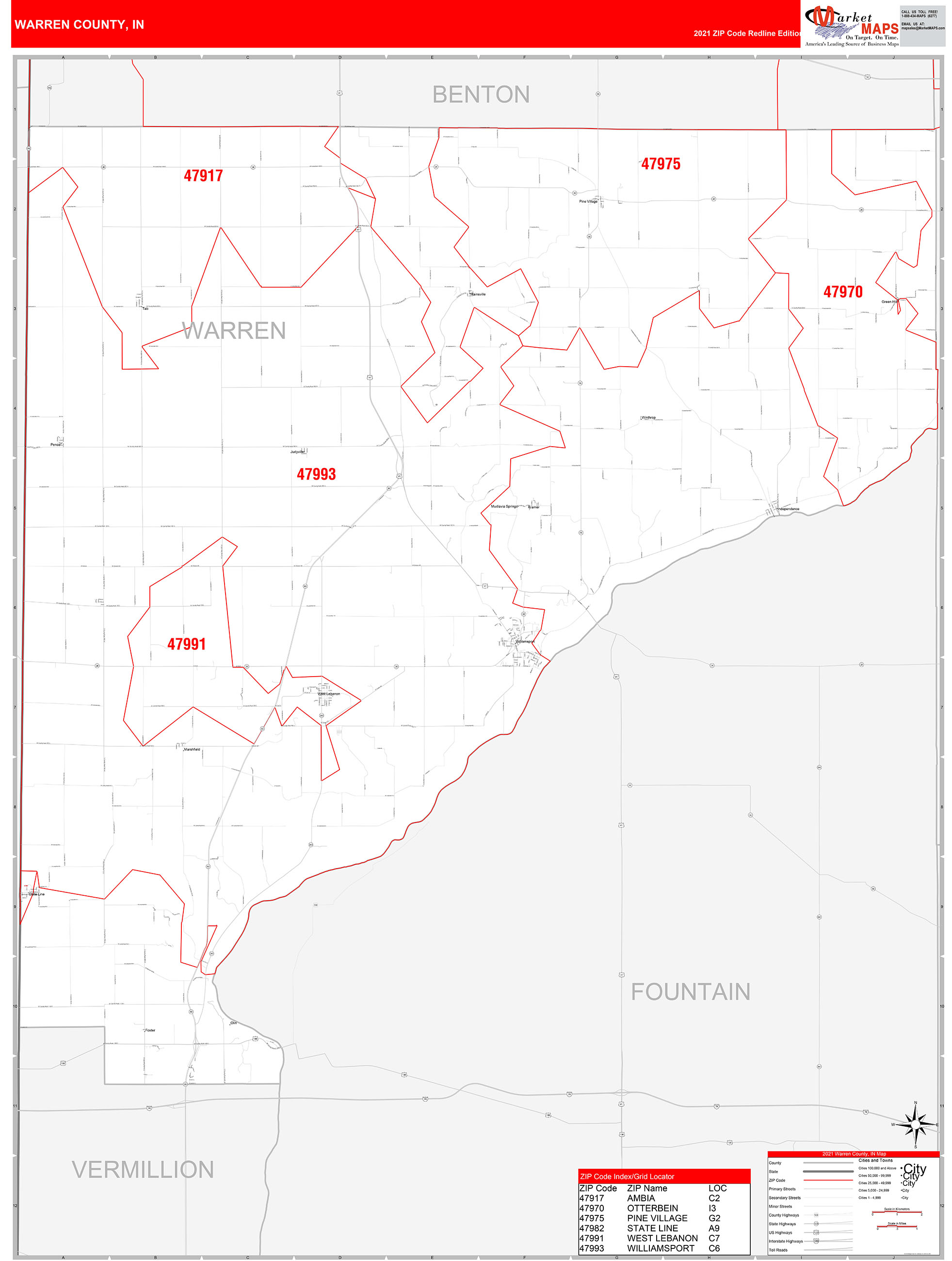 Warren County, IN Zip Code Wall Map Red Line Style by MarketMAPS - MapSales