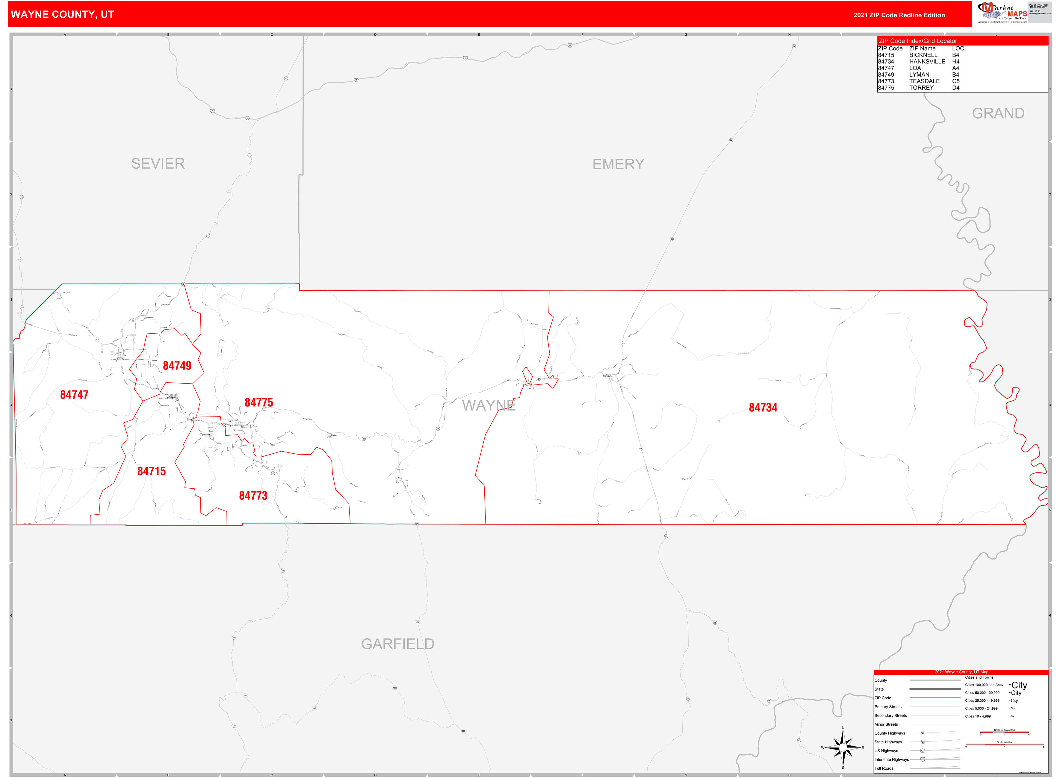 Wayne County, UT Zip Code Wall Map Red Line Style by MarketMAPS - MapSales