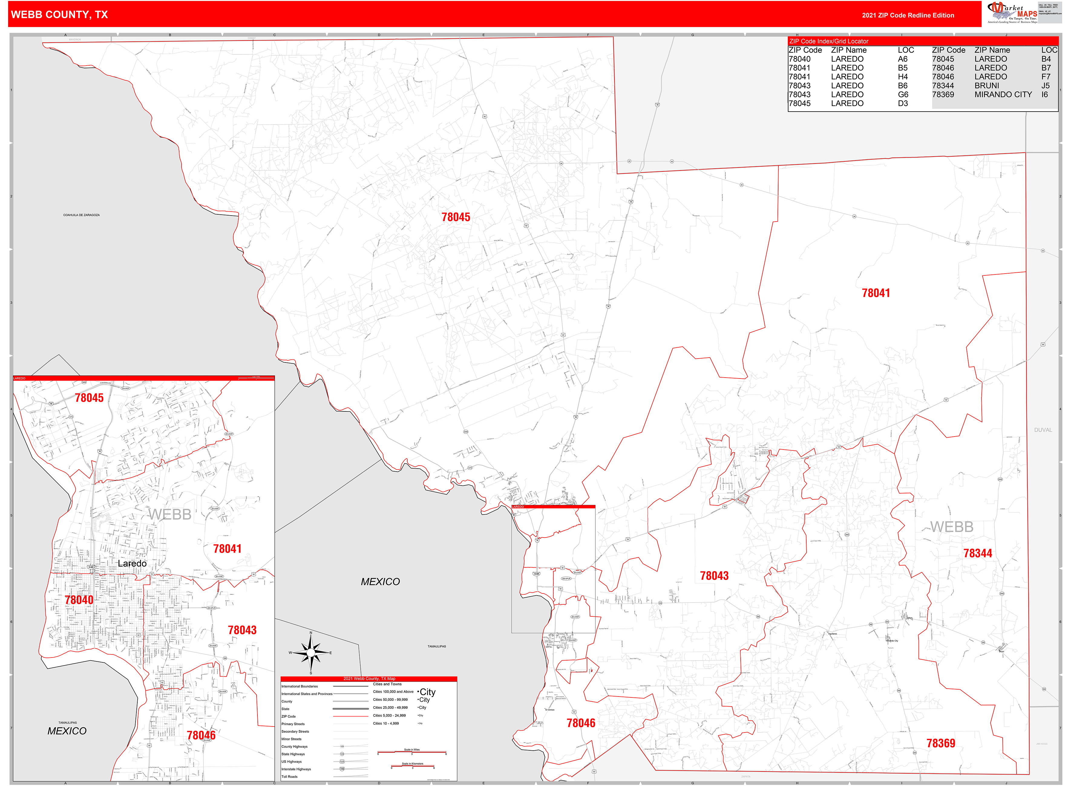 Webb County, TX Zip Code Wall Map Red Line Style by MarketMAPS - MapSales