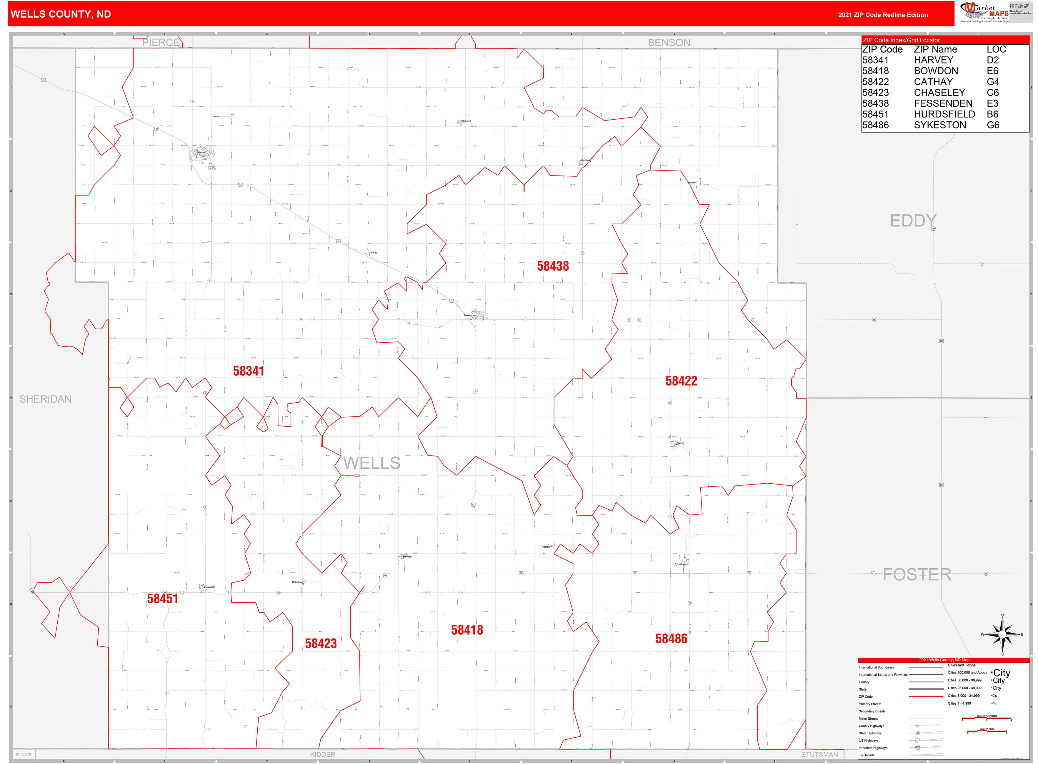 Wells County, ND Zip Code Wall Map Red Line Style by MarketMAPS ...