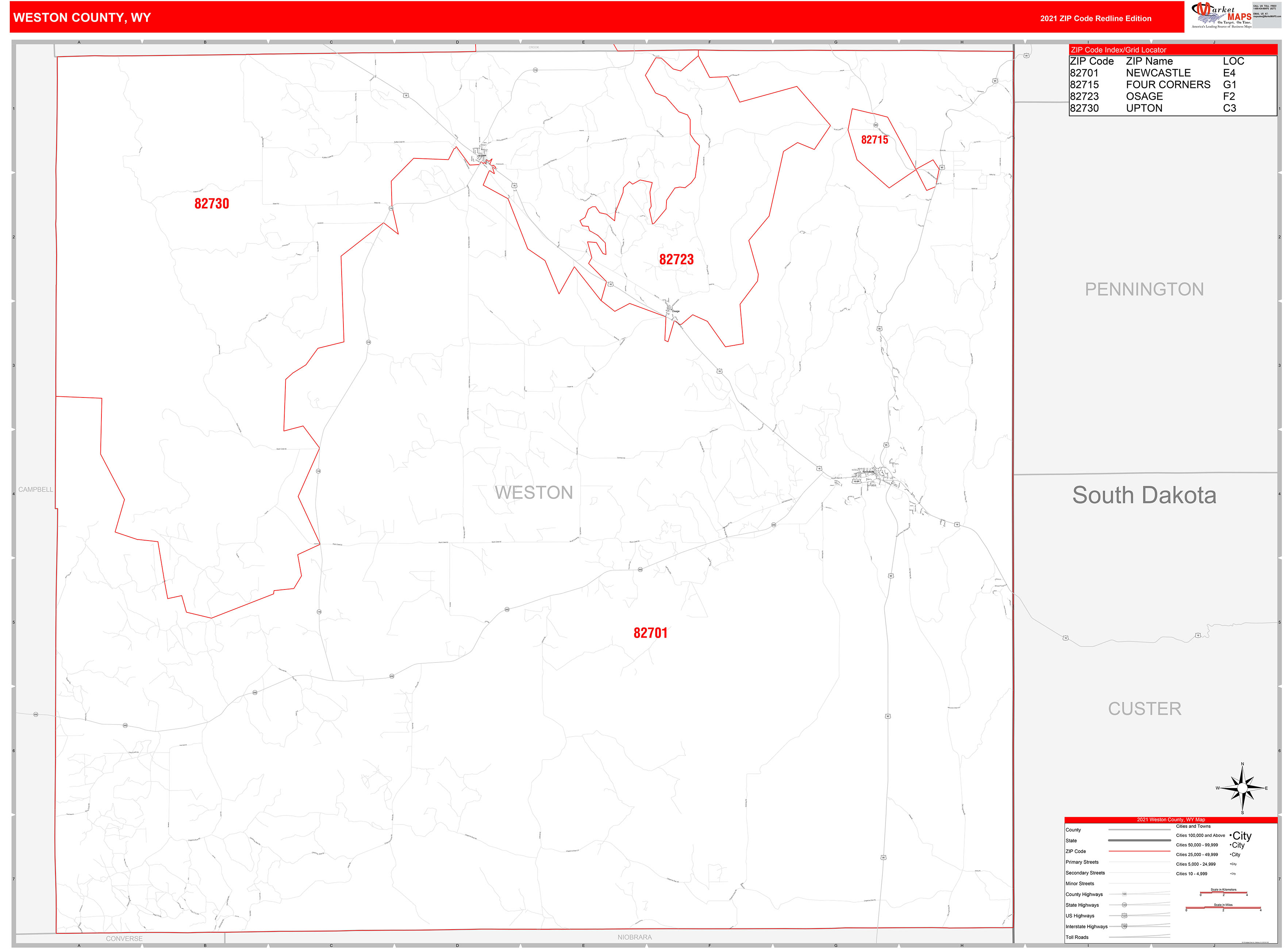 Weston County, WY Zip Code Wall Map Red Line Style by MarketMAPS - MapSales