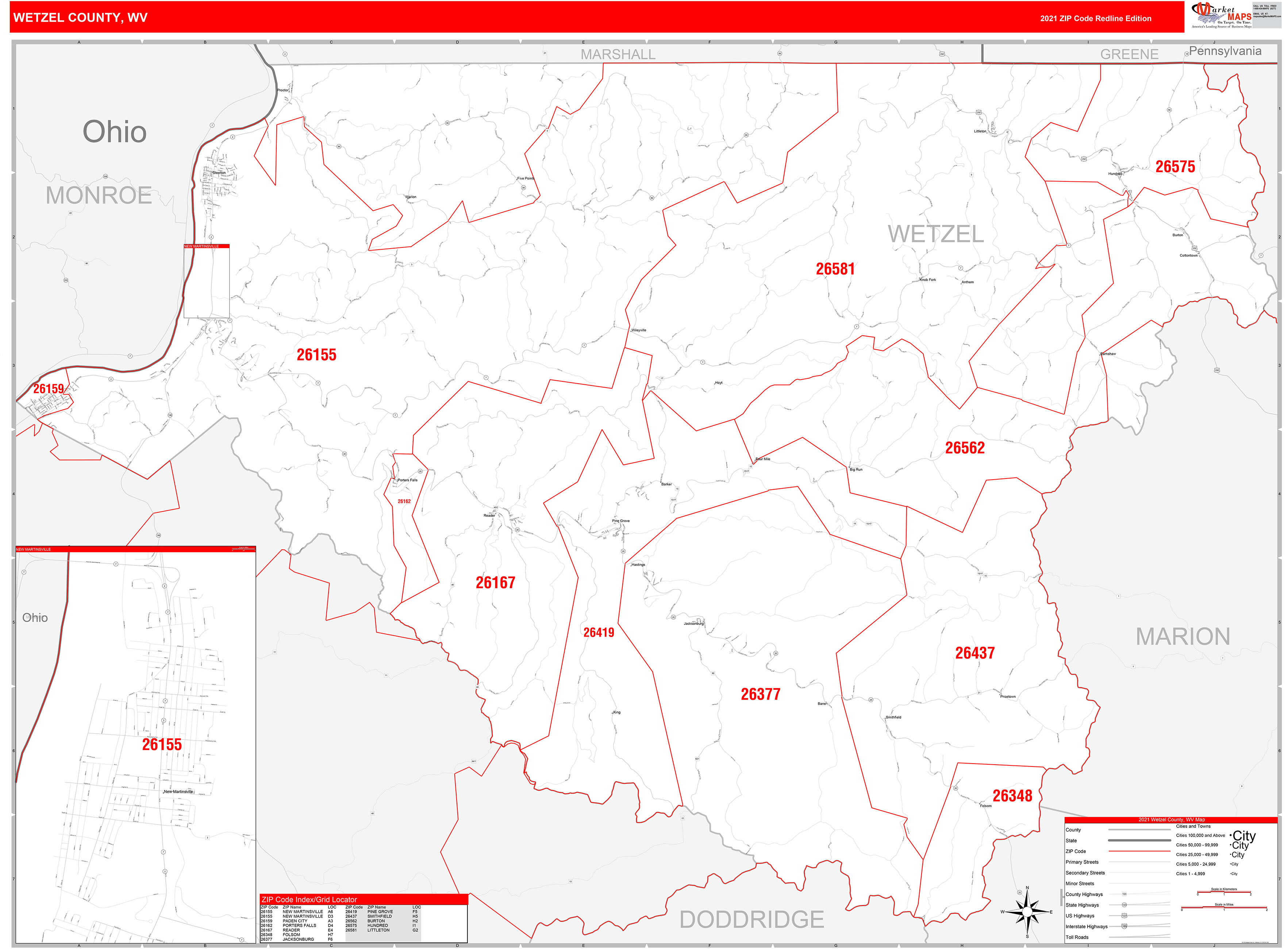 Wetzel County, WV Zip Code Wall Map Red Line Style by MarketMAPS ...