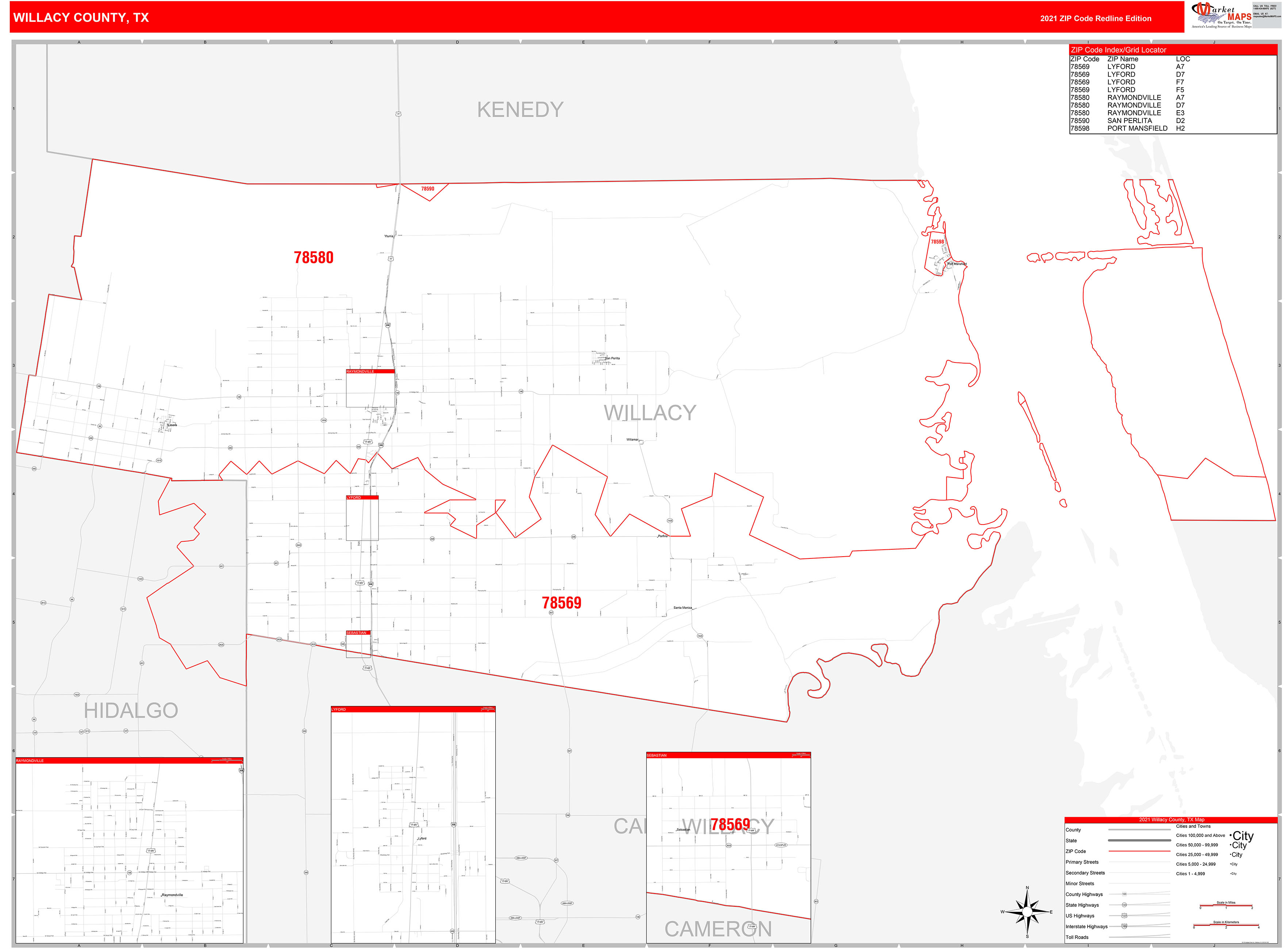 Willacy County, TX Zip Code Wall Map Red Line Style by MarketMAPS ...