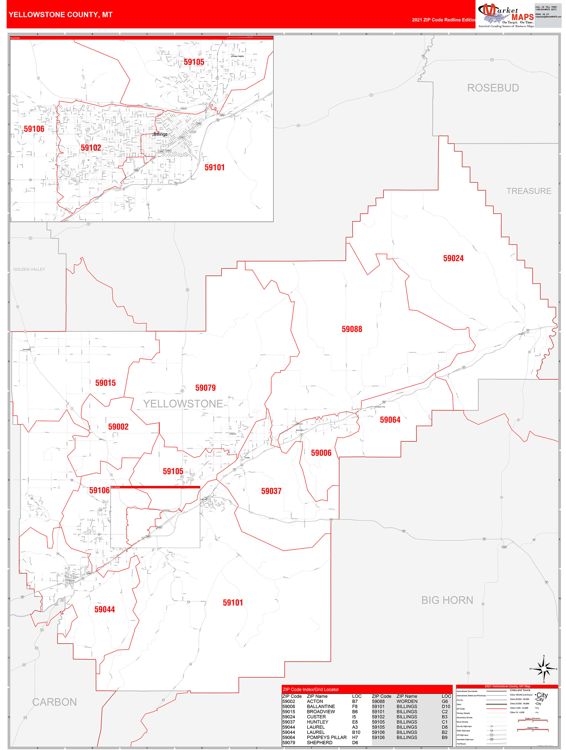 Yellowstone County, MT Zip Code Wall Map Red Line Style by MarketMAPS ...