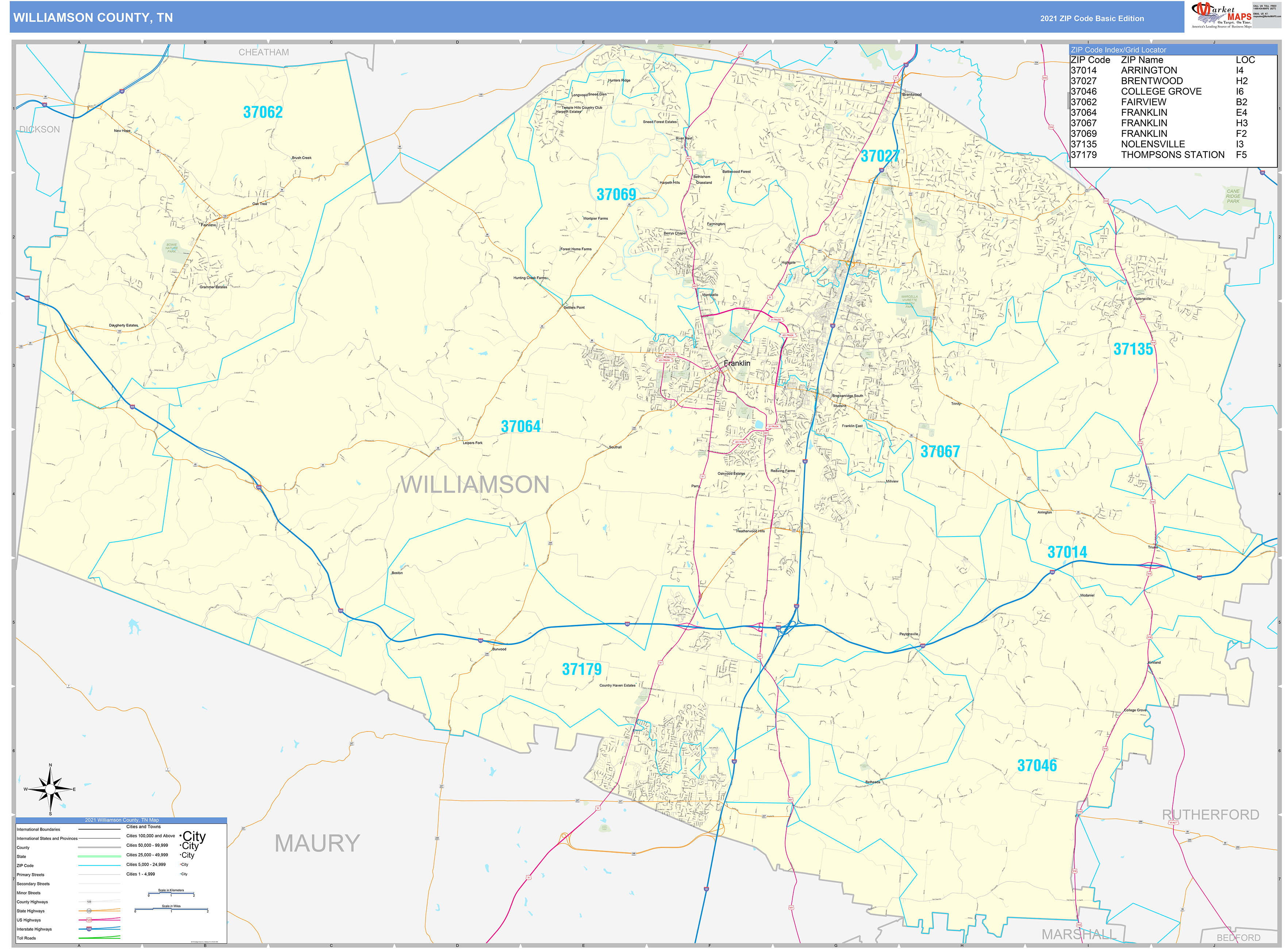 Williamson County TN Zip Code Wall Map Basic Style By MarketMAPS Williamson County TN Zip Code Wall Map Basic Style By MarketMAPS