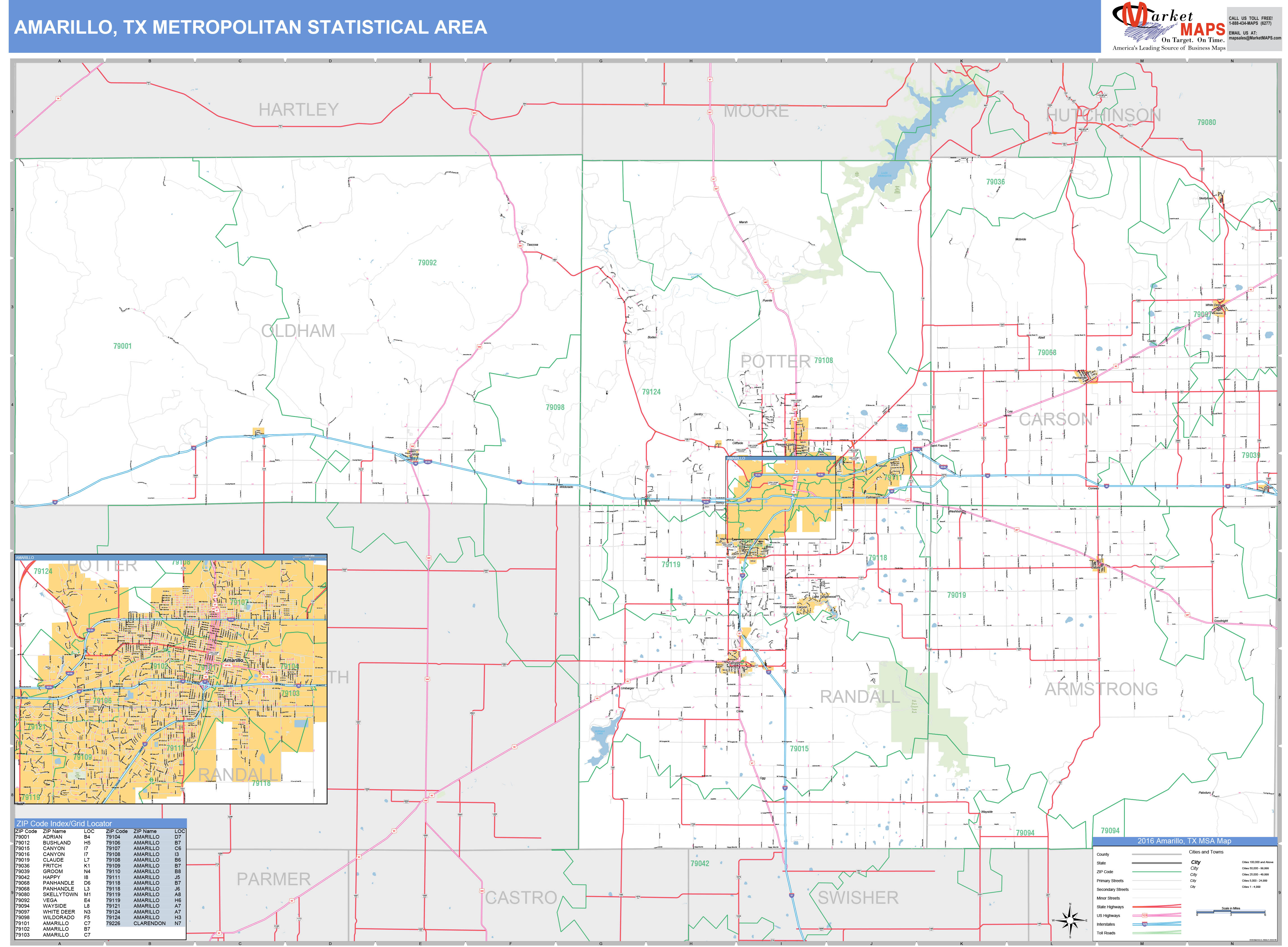 Amarillo, TX Metro Area Wall Map Basic Style by MarketMAPS - MapSales