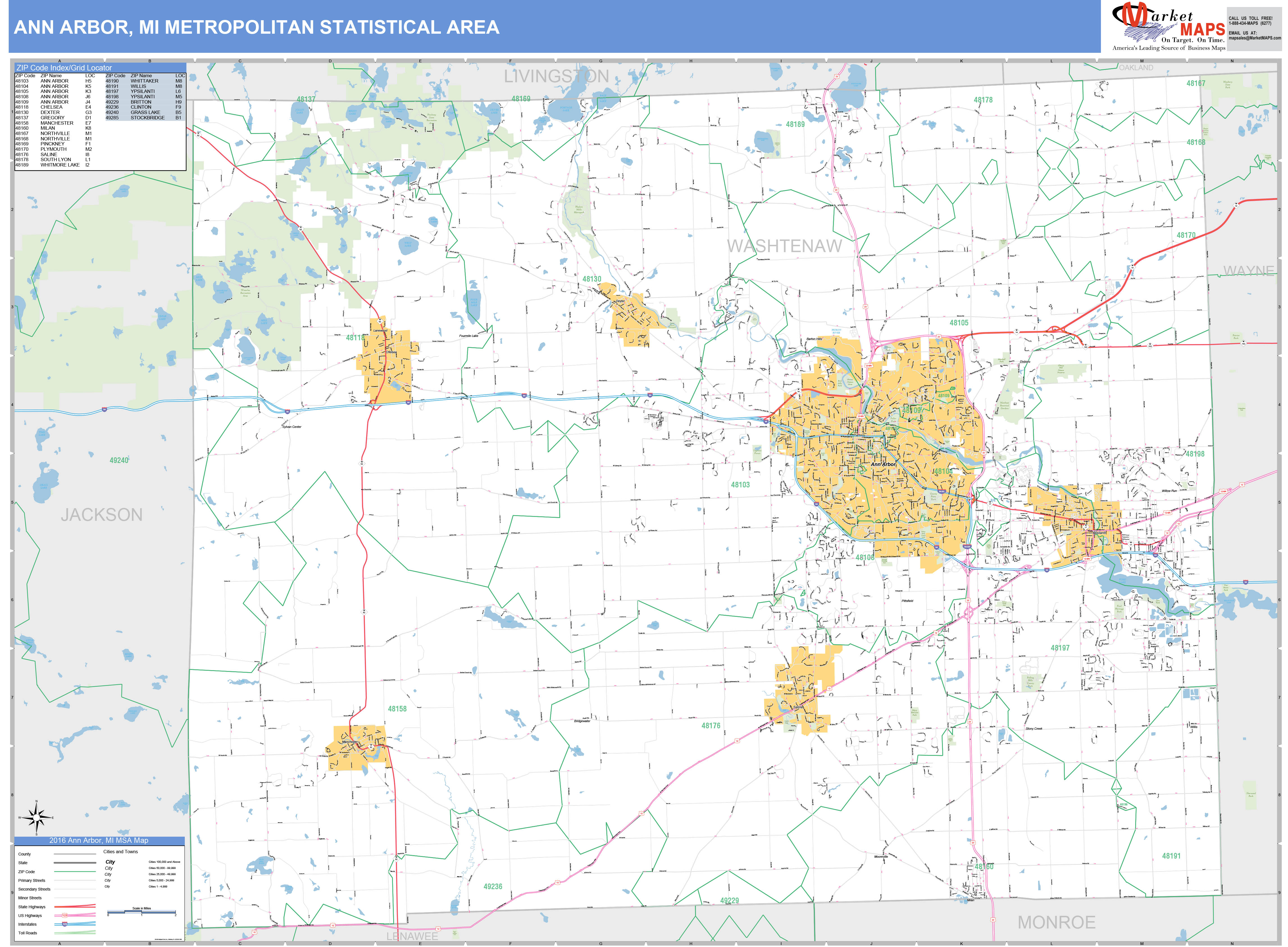 Ann Arbor, MI Metro Area Wall Map Basic Style by MarketMAPS
