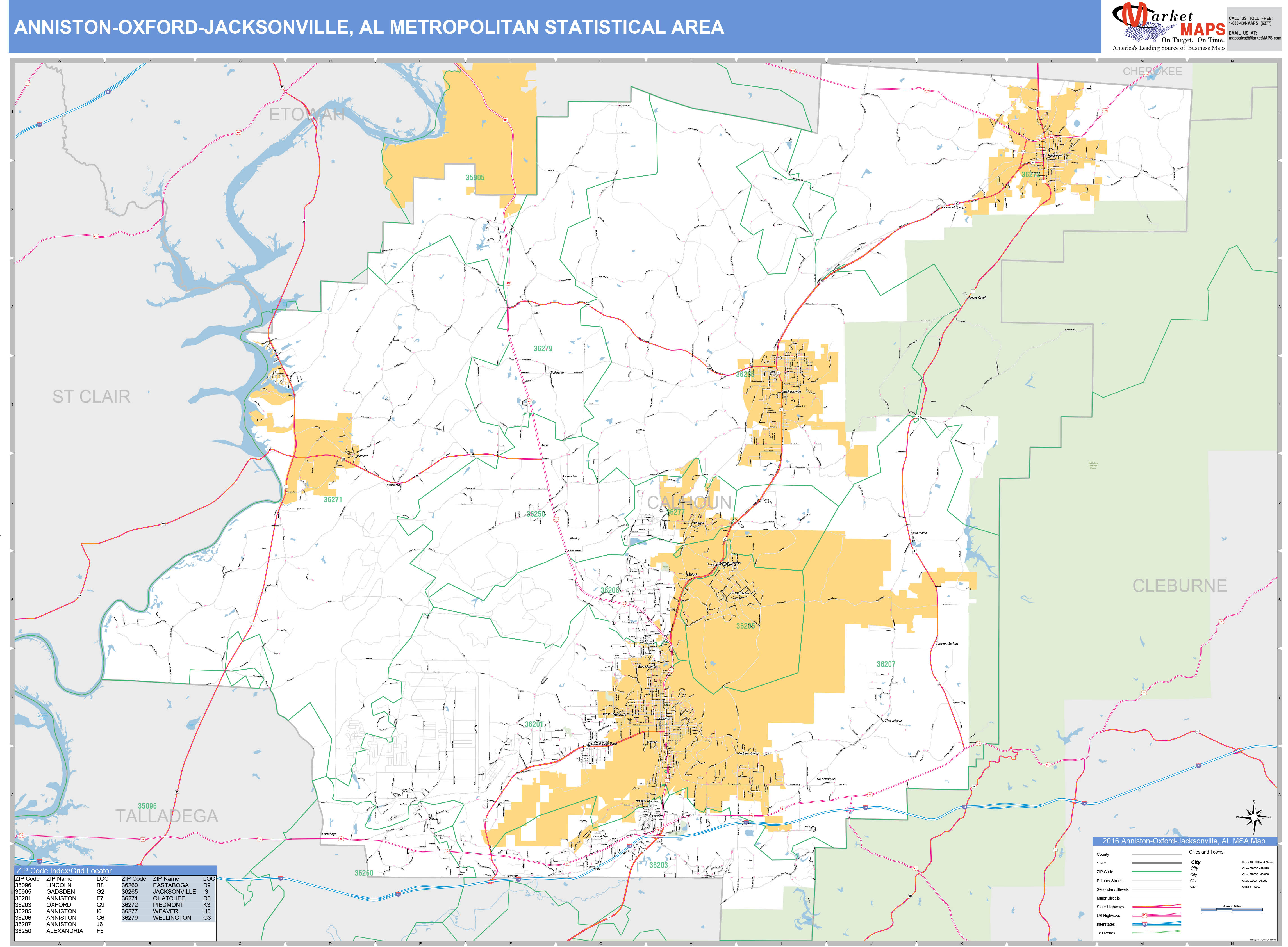 Anniston-Oxford-Jacksonville, AL Metro Area Wall Map Basic Style by ...