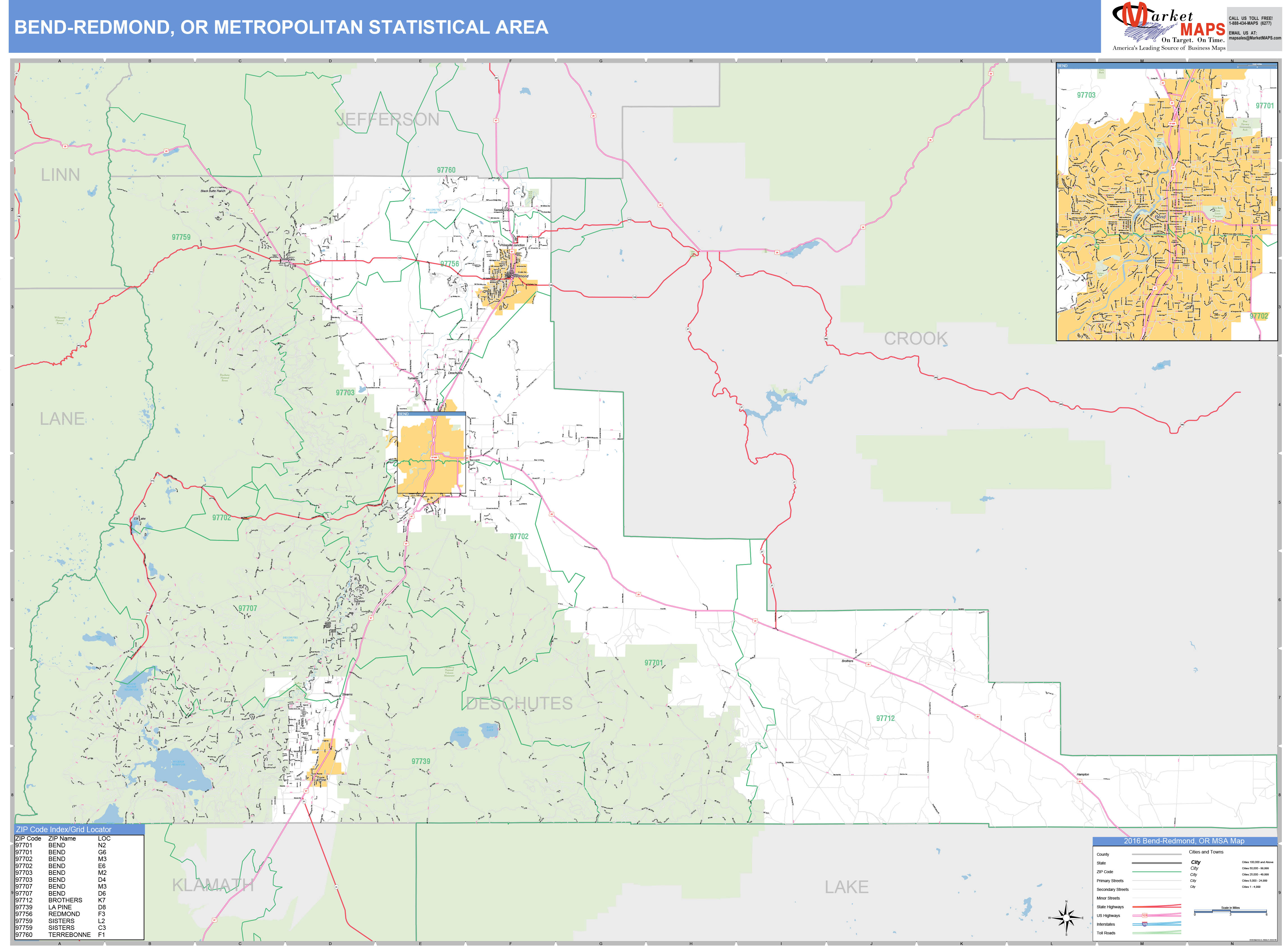 Bend-Redmond, OR Metro Area Wall Map Basic Style by MarketMAPS