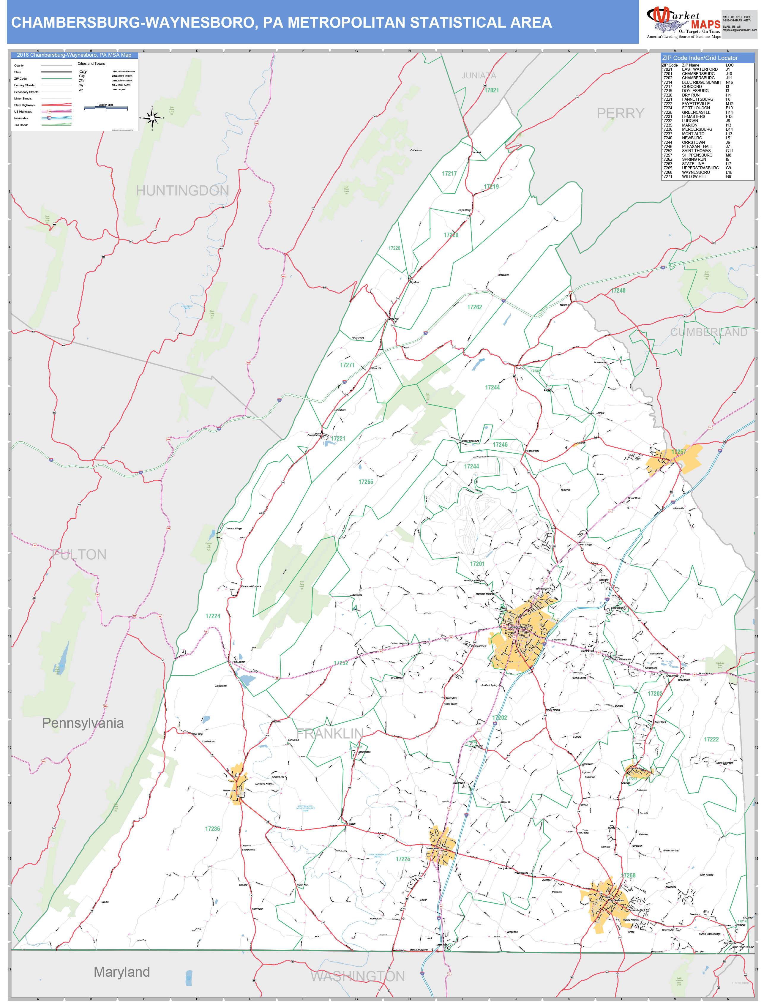 Chambersburg-Waynesboro, PA Metro Area Wall Map Basic Style by ...
