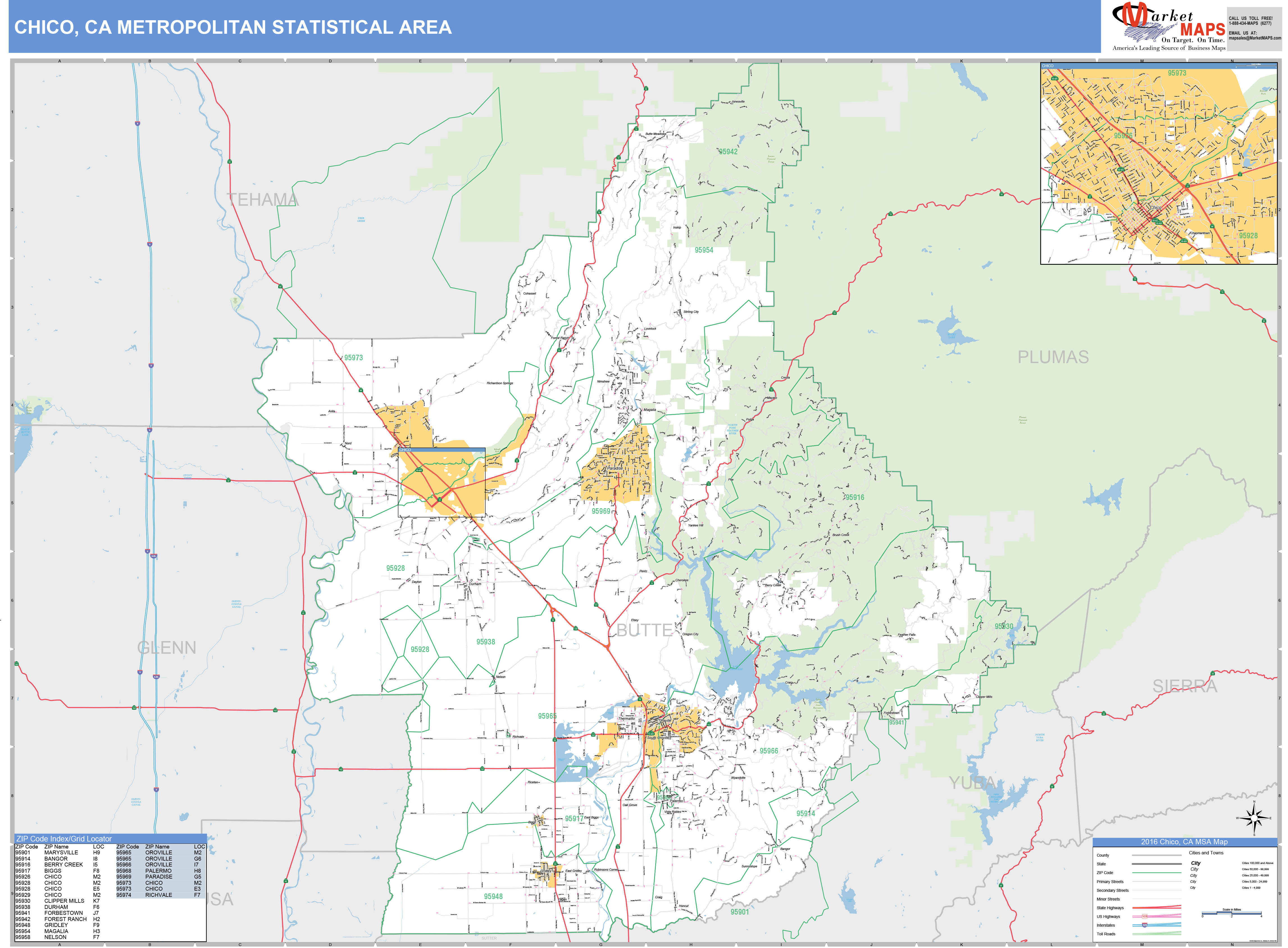 Chico, CA Metro Area Wall Map Basic Style by MarketMAPS