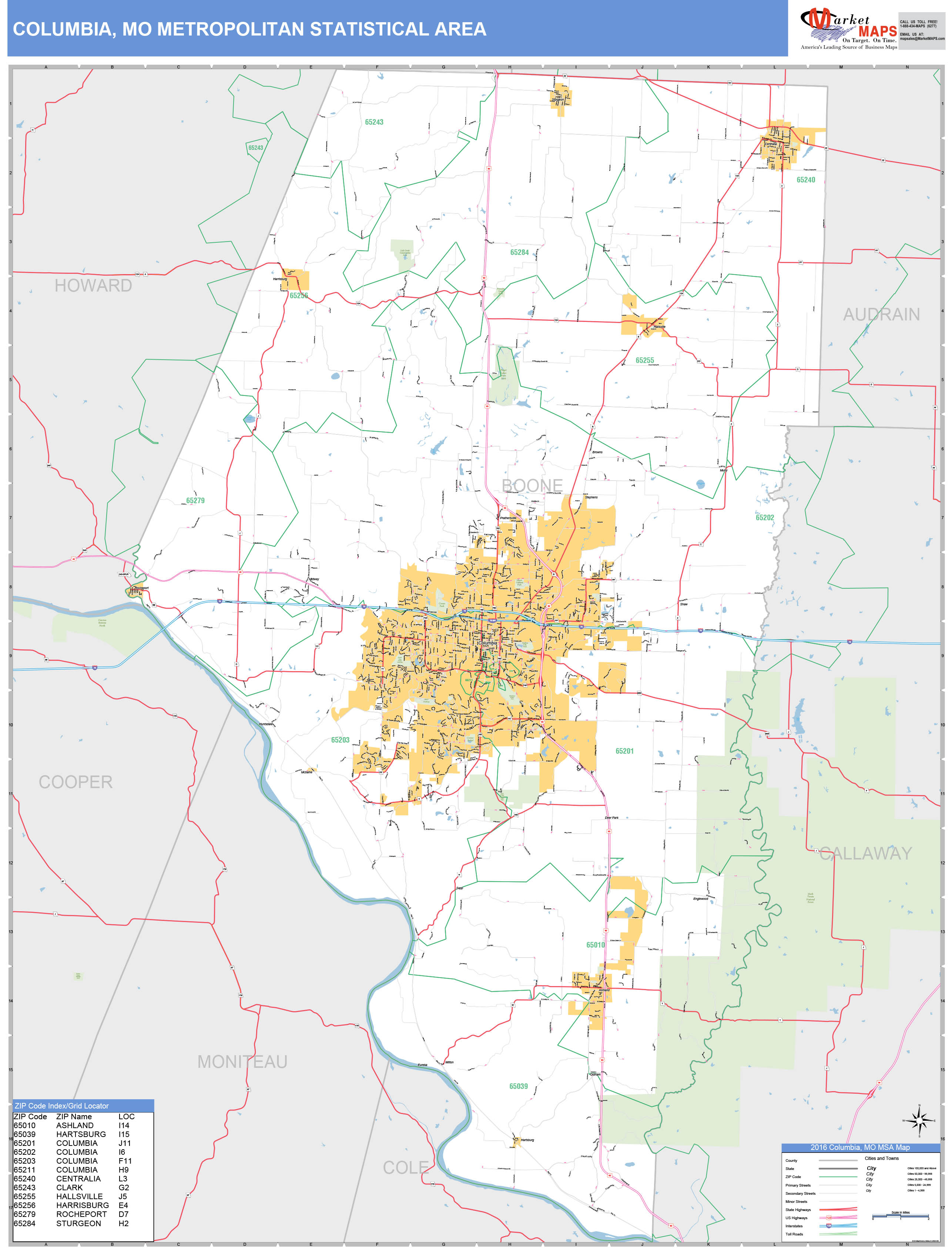 Columbia, MO Metro Area Wall Map Basic Style by MarketMAPS - MapSales
