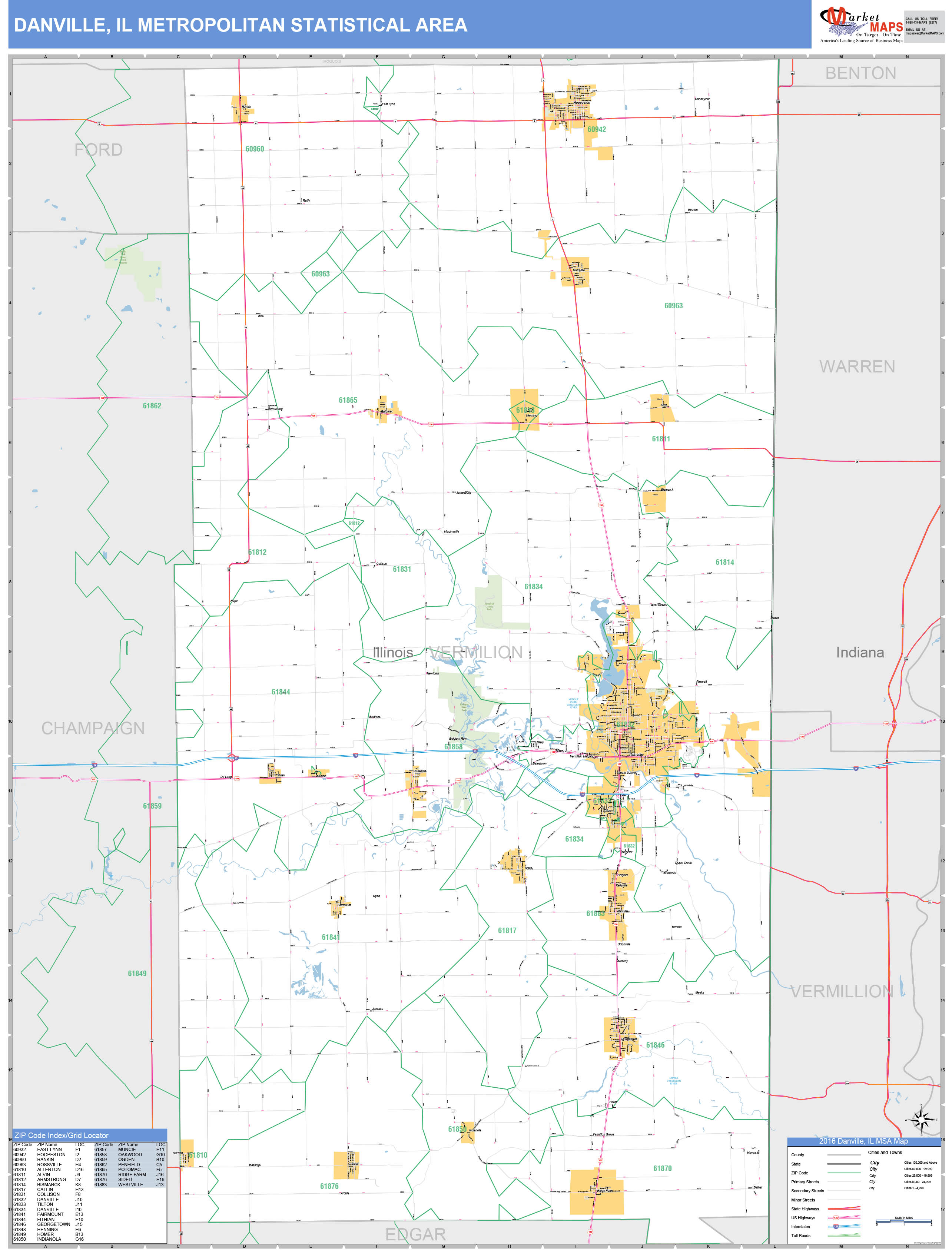 Danville, IL Metro Area Wall Map Basic Style by MarketMAPS - MapSales