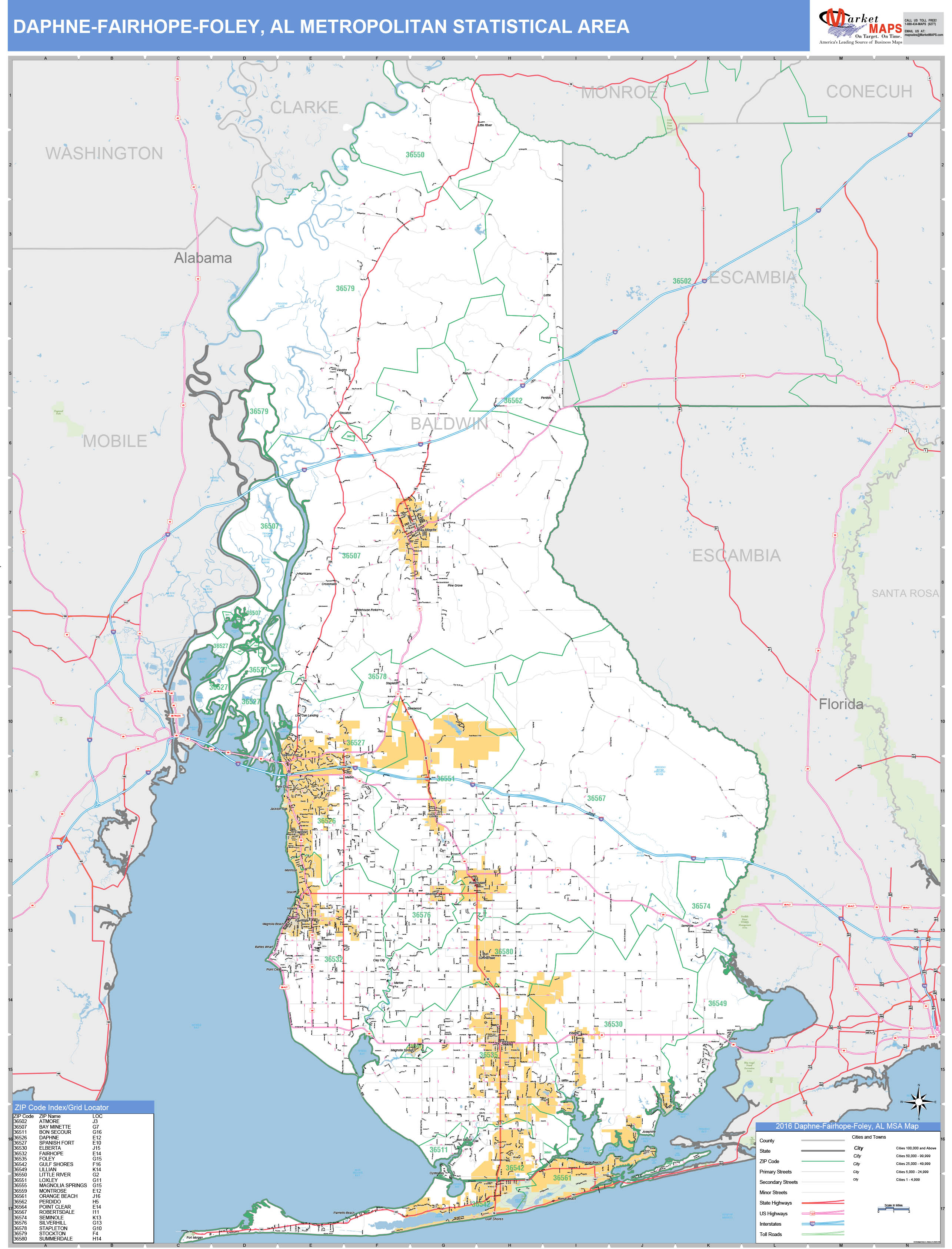 Daphne-Fairhope-Foley, AL Metro Area Wall Map Basic Style by MarketMAPS